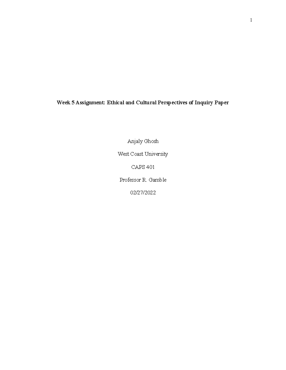 Week 5 Assignment Ethical and Cultural Perspectives of Inquiry Paper ...