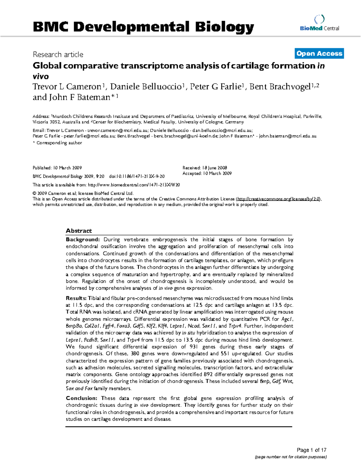Cameron Et Al 2009 Global Comparative Transcriptome Analysis Of