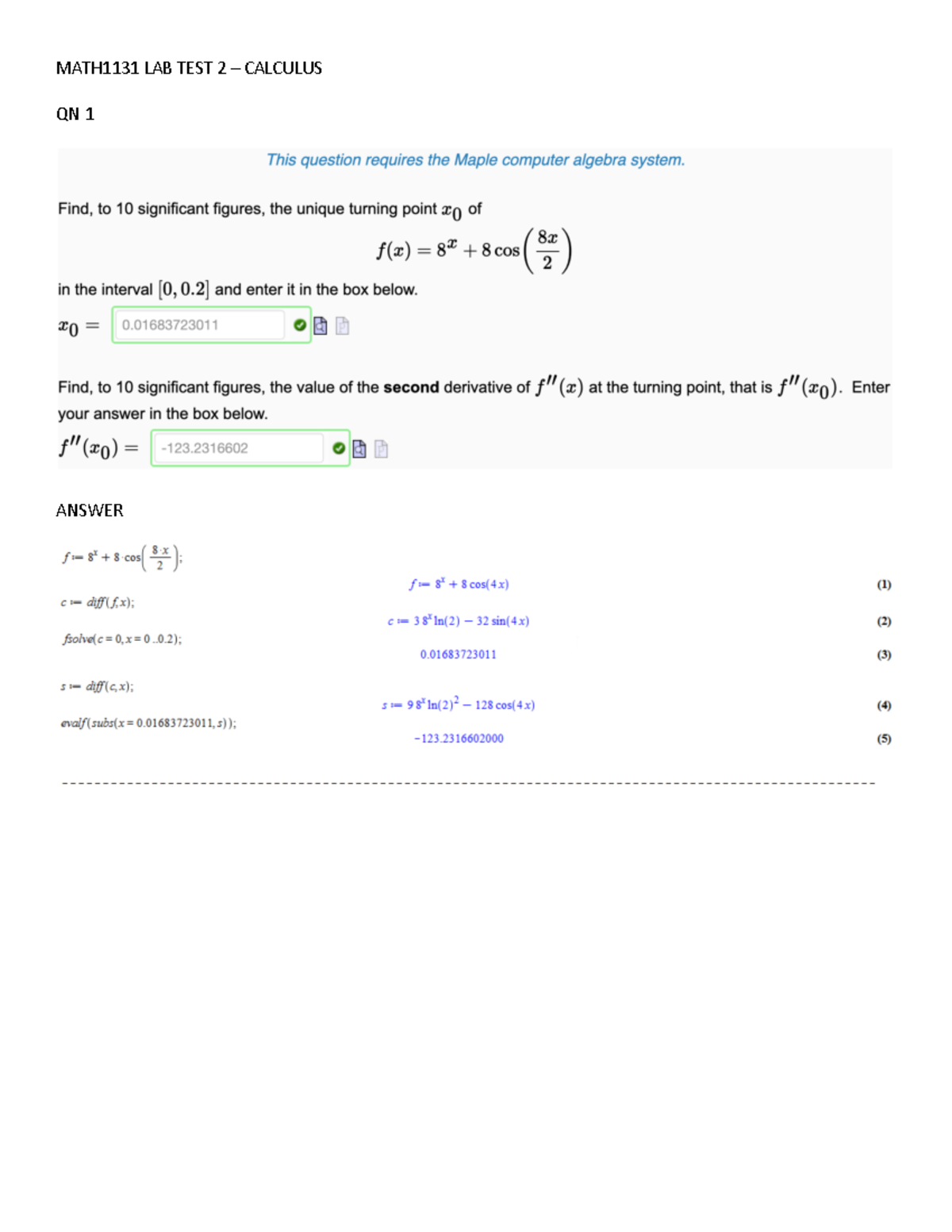 MATH1131 LAB TEST 2 - Calculus - MATH1131 - MATH1131 LAB TEST 2 ...