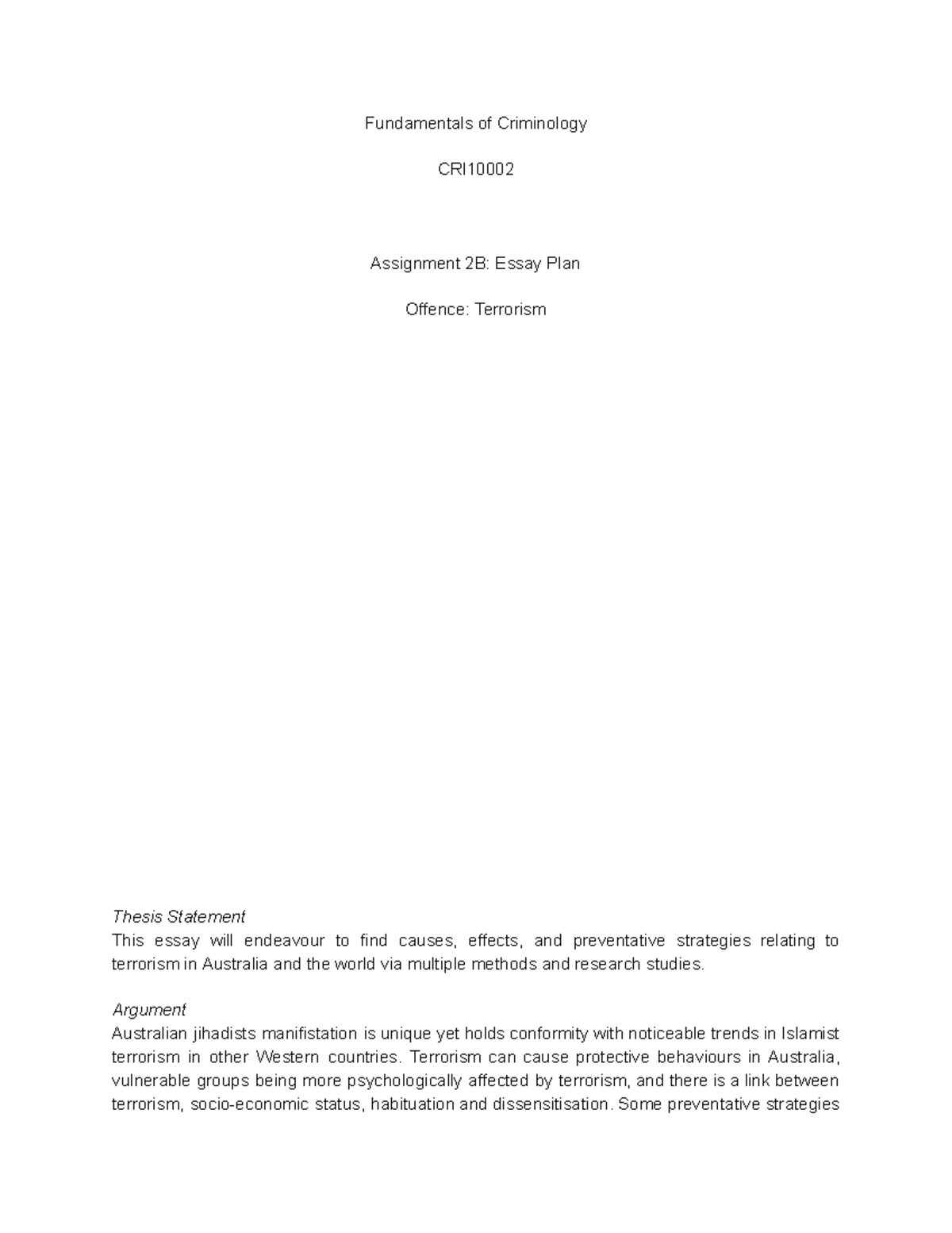 Fundamentals of Criminology Terrorism Assignment 2b- Essay Plan ...