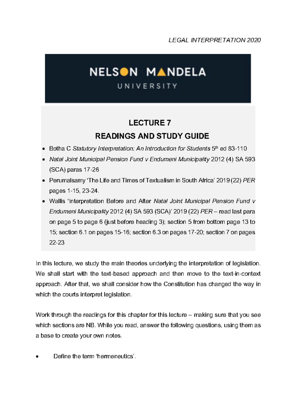 Legal Interpretation Lecture 7 Study Guide Theoretical Foundations ...