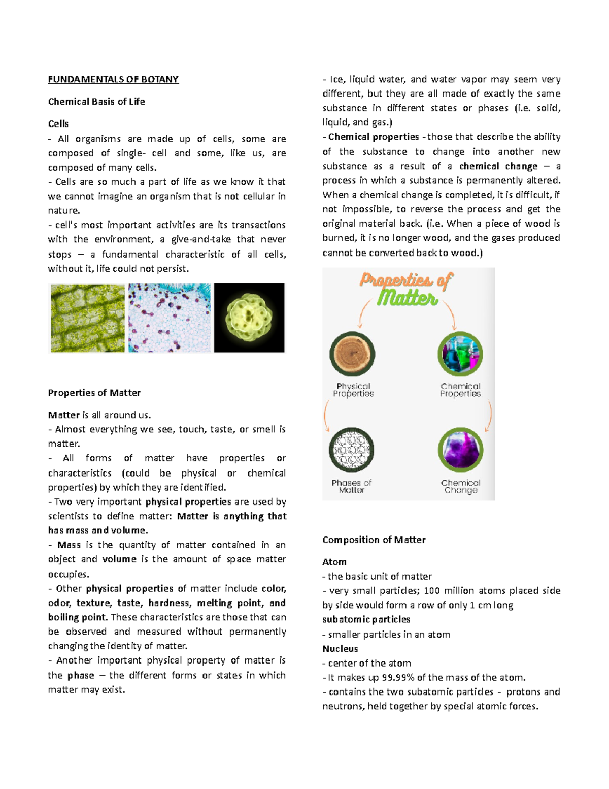 Botany LAB Notes - FUNDAMENTALS OF BOTANY Chemical Basis of Life Cells ...