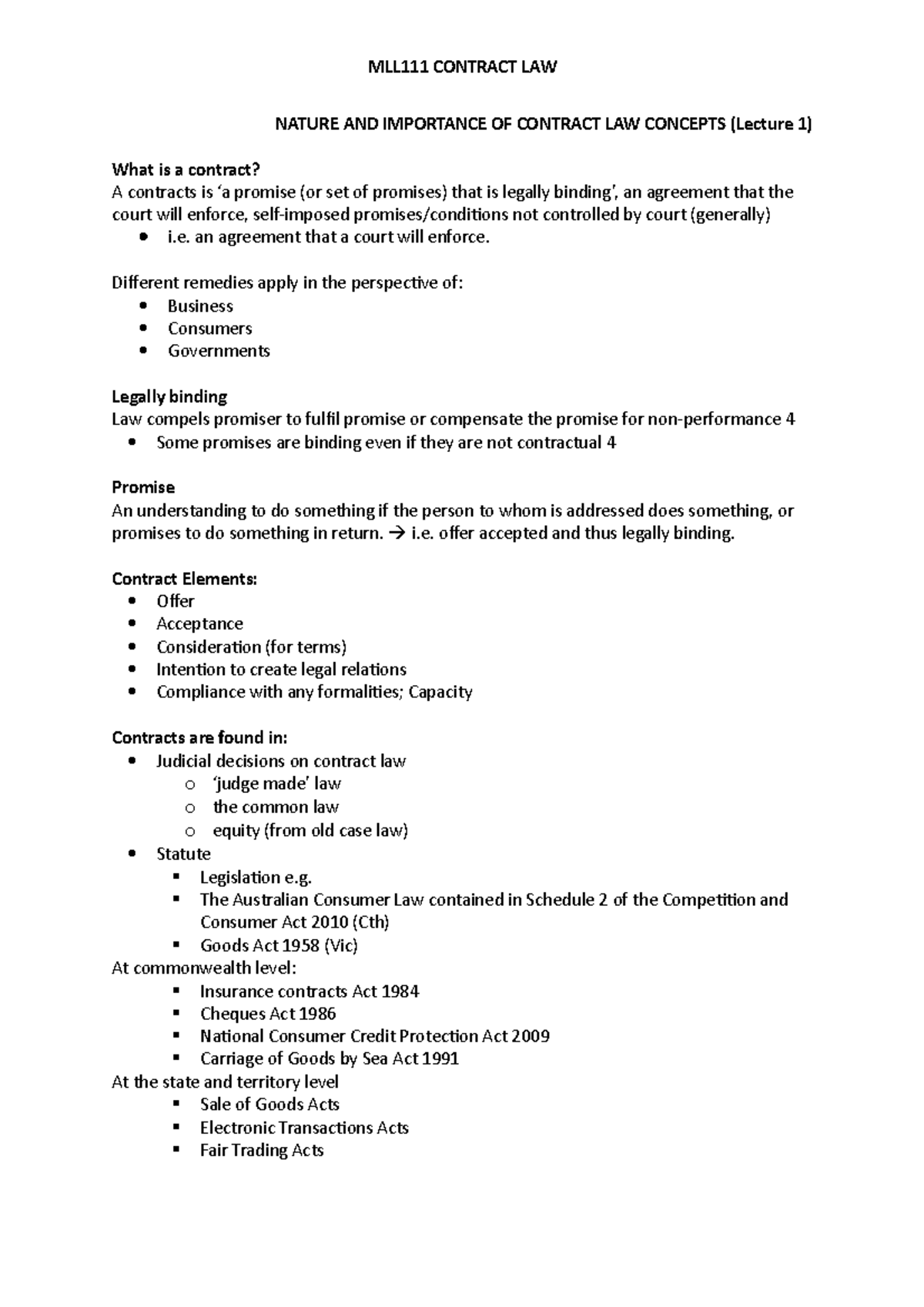 Contract LAW Notes NATURE AND IMPORTANCE OF CONTRACT LAW CONCEPTS