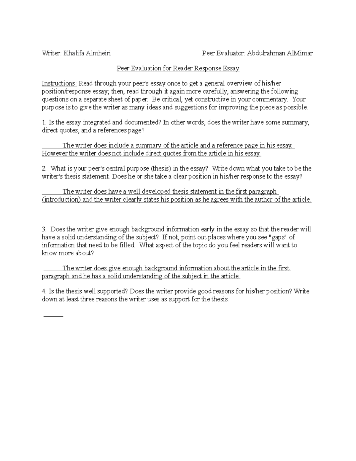 Peer Evaluation for Reader Response Essay - Writer: Khalifa Almheiri ...