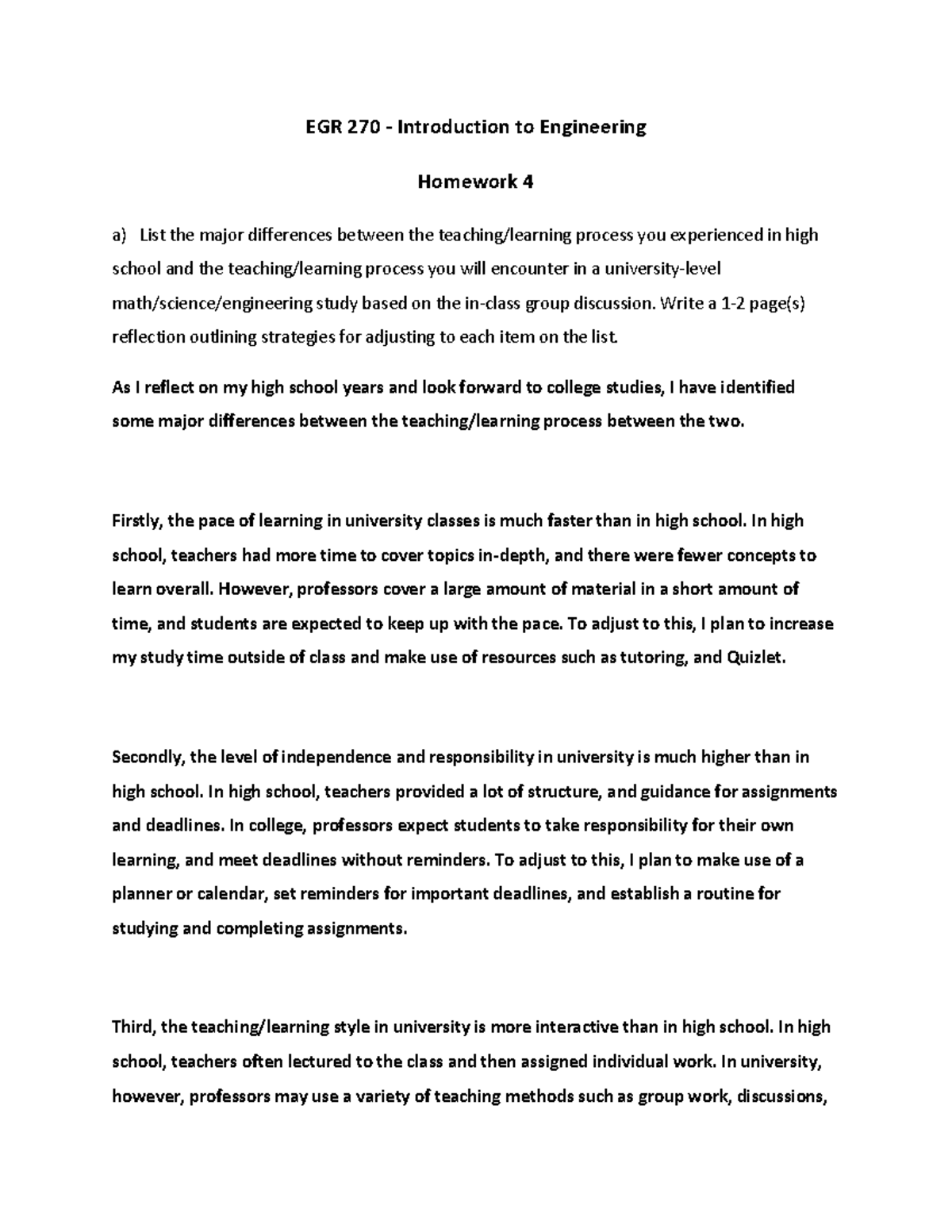 Engineering I HW 4 - EGR 270 - Introduction to Engineering Homework 4 a ...