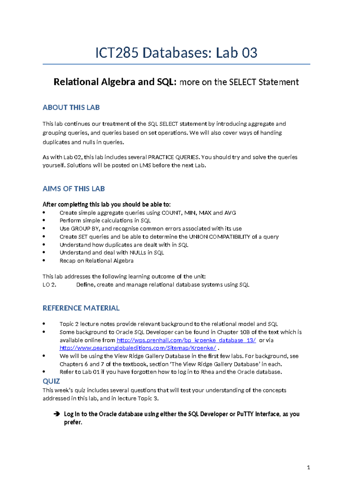 ICT285 Lab 03 - ..................... - ICT285 Databases: Lab 03 Relational Algebra and SQL ...