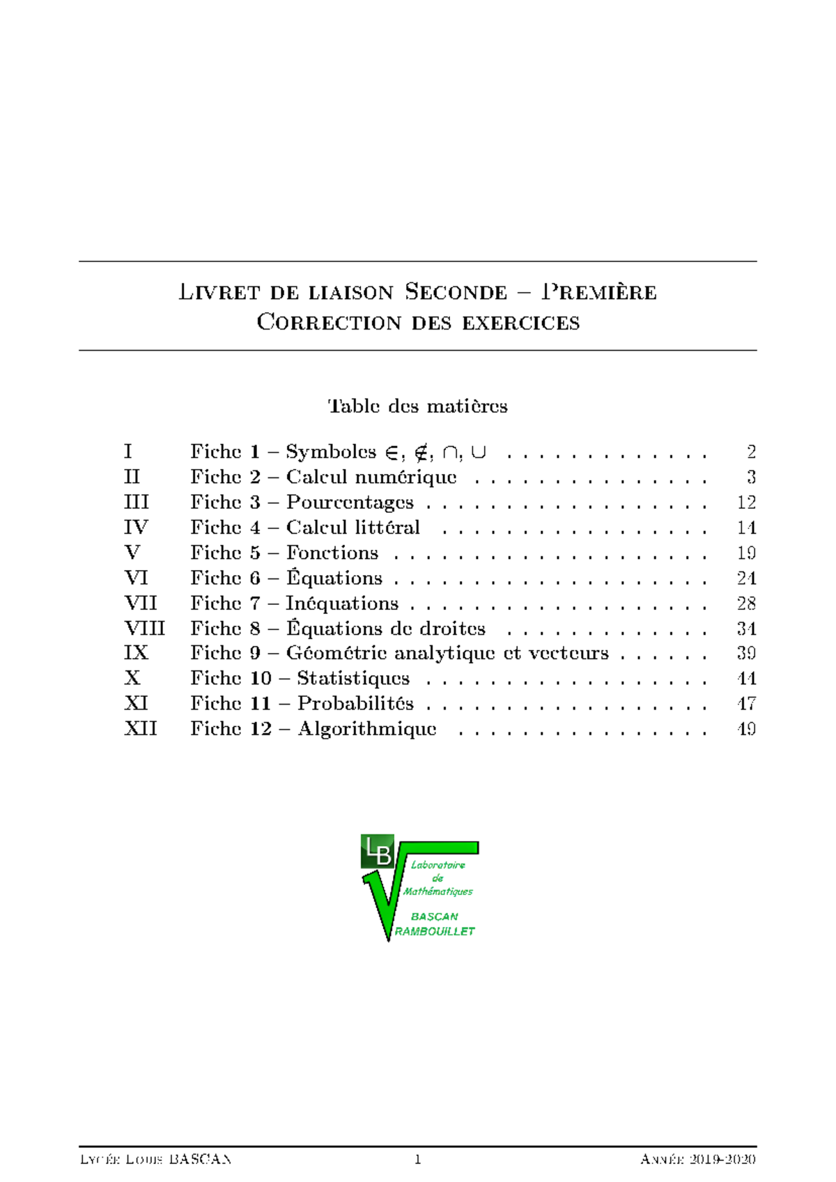 Livret liaison maths 2de 1spe correction 2020 - Livret de liaison ...