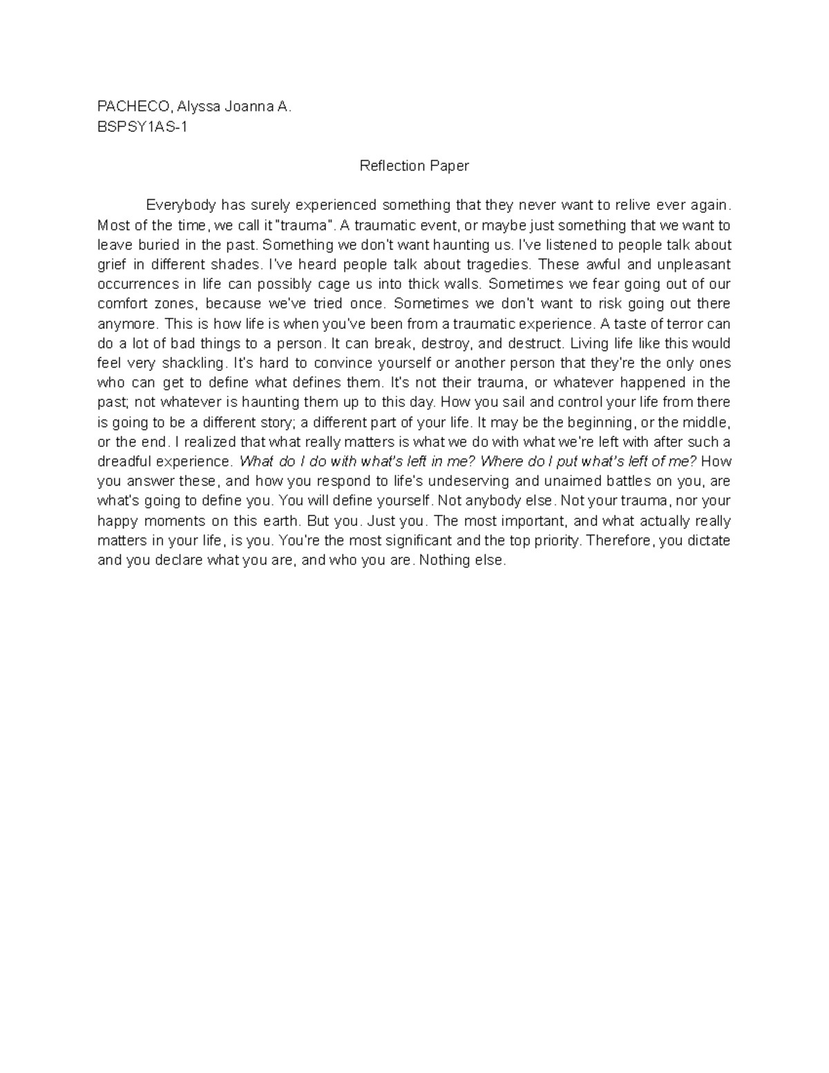 ITP Reflection Paper - PACHECO, Alyssa Joanna A. BSPSY1AS- Reflection ...