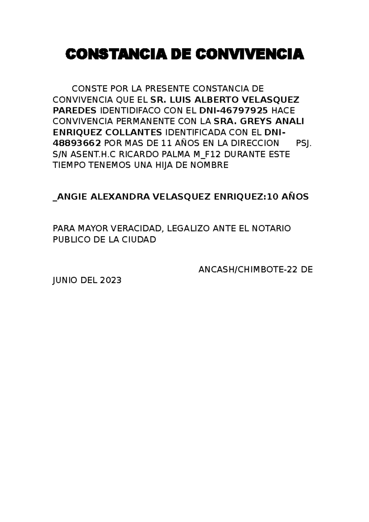 Constancia DE Convivencia - CONSTANCIA DE CONVIVENCIA CONSTE POR LA ...