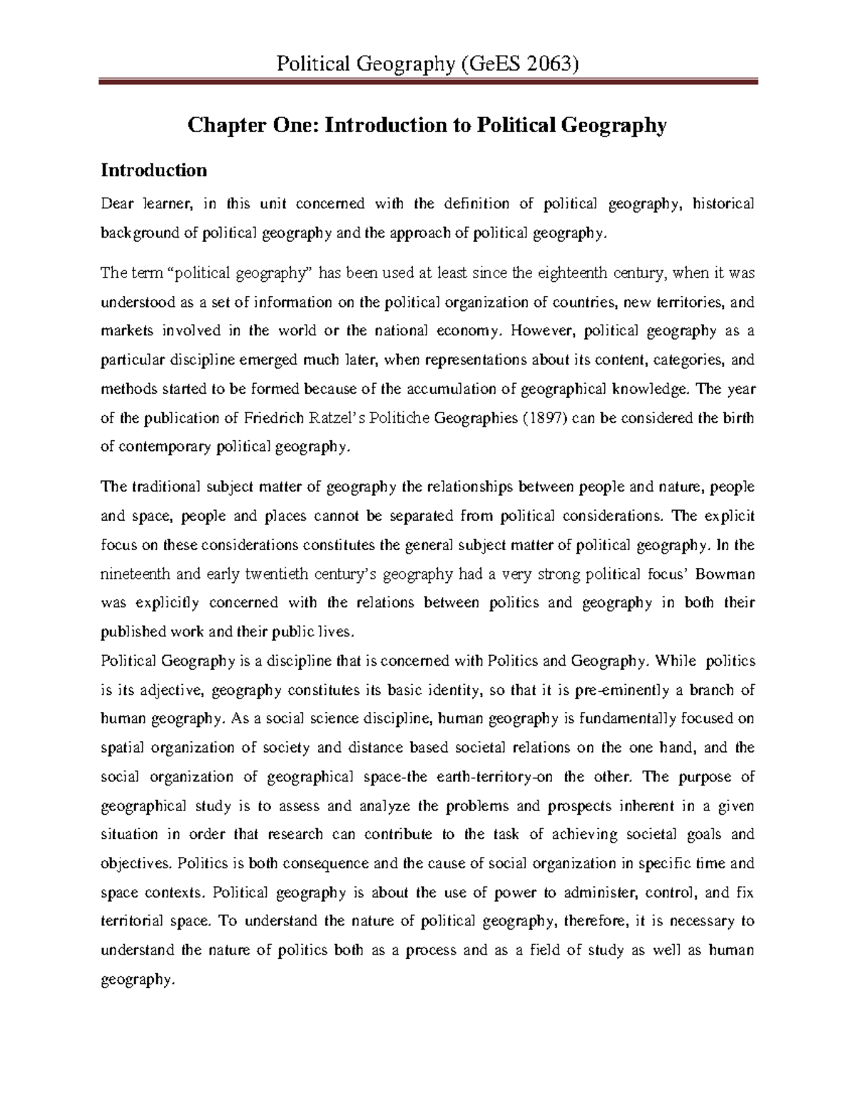Political Geography Ge ES 2063 - Chapter One: Introduction to Political ...