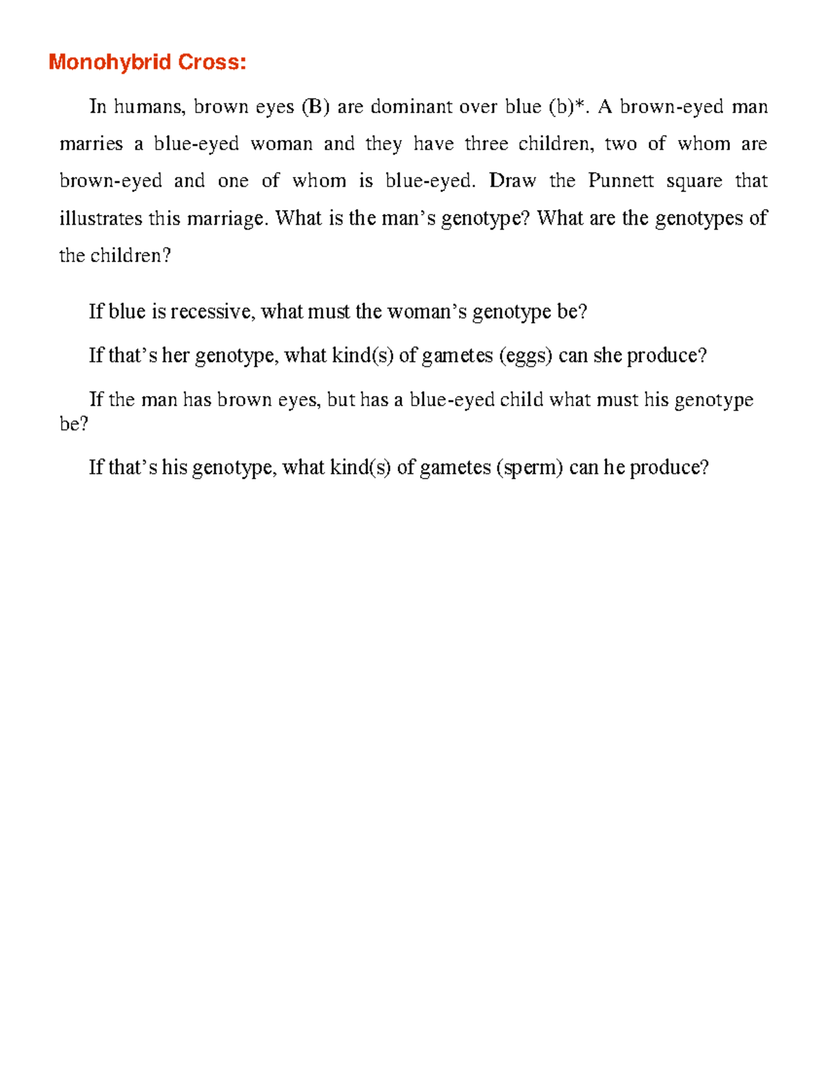 Genetics Questions (with Answers) - Monohybrid Cross: In humans, brown ...