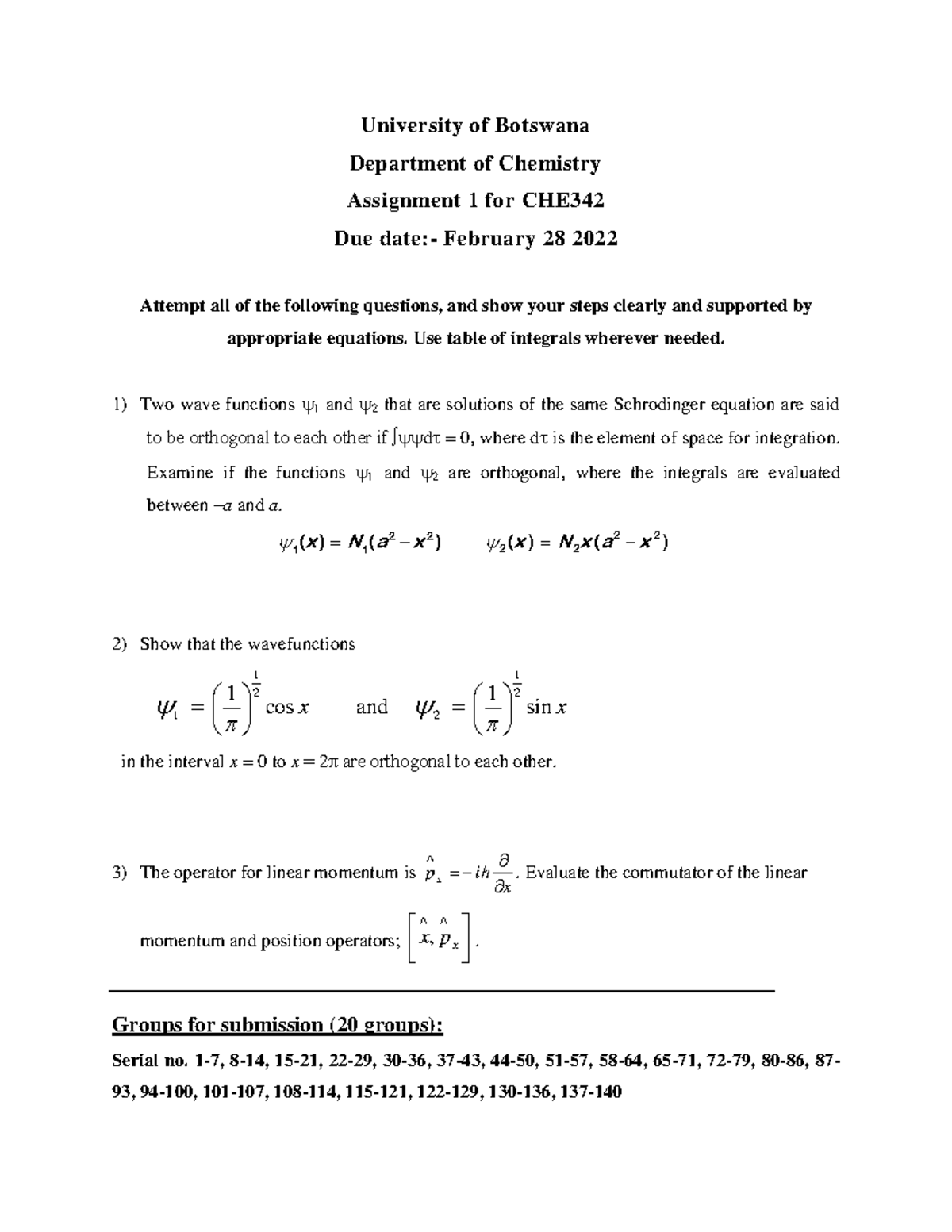 CHE342 Assignment 1 2022 - University of Botswana Department of ...