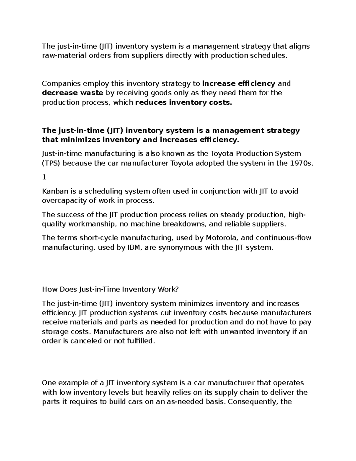 Strategic cost management ( JUST IN TIME PRODUCTION) - The just-in-time ...