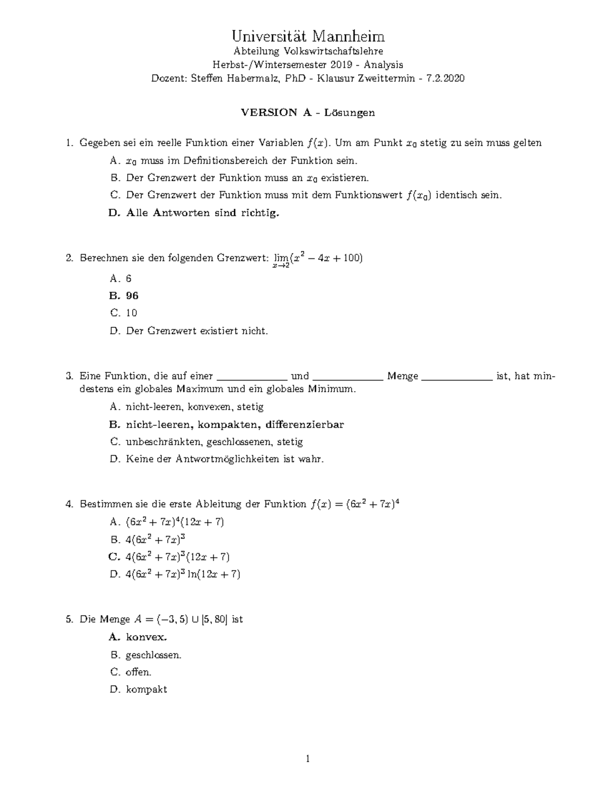 Klausur Analysis 2019 T2ALoesungen - Universit ̈at Mannheim Abteilung Volkswirtschaftslehre ...