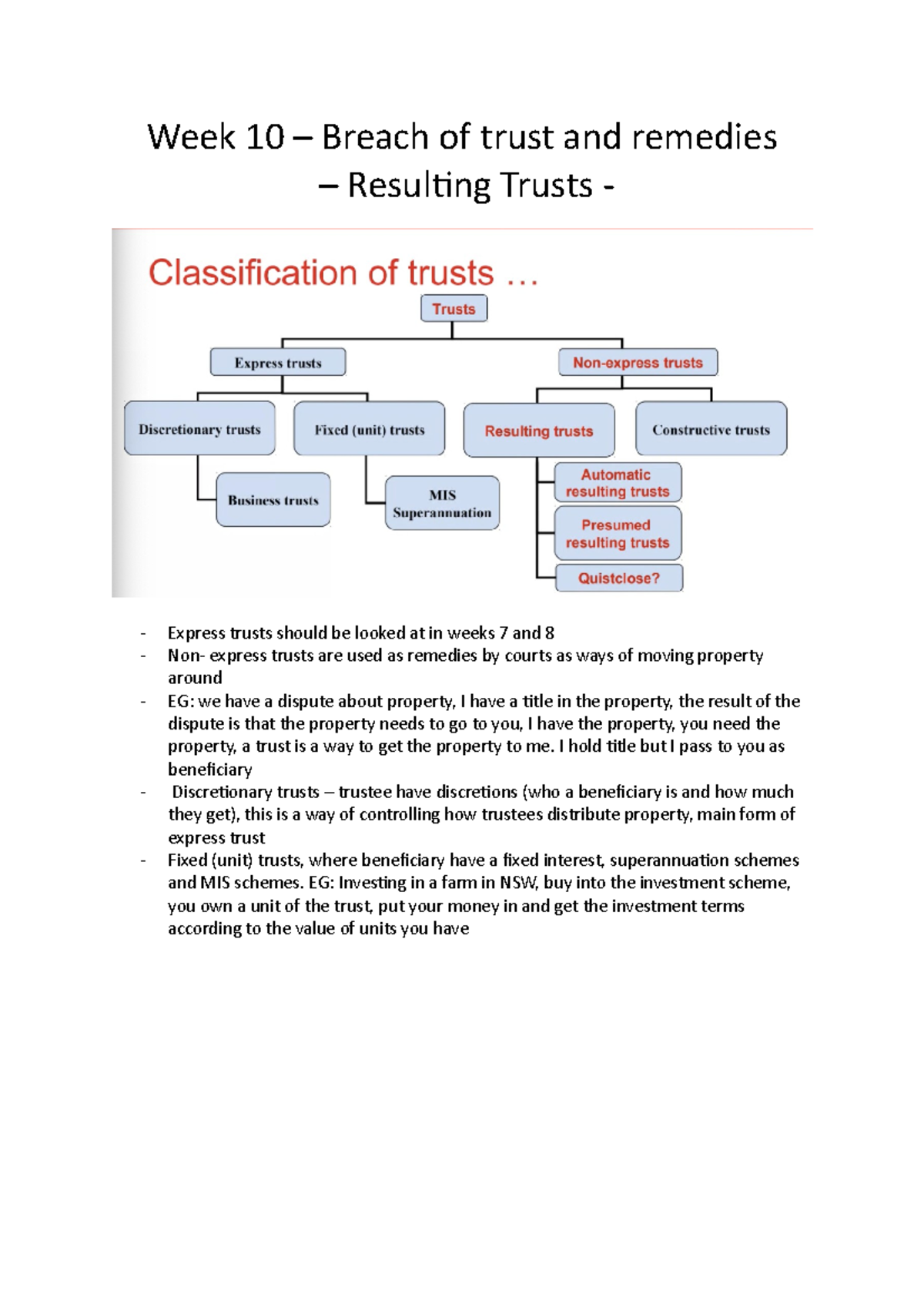Week 10 - Workshop notes for week 10 - Week 10 – Breach of trust and ...