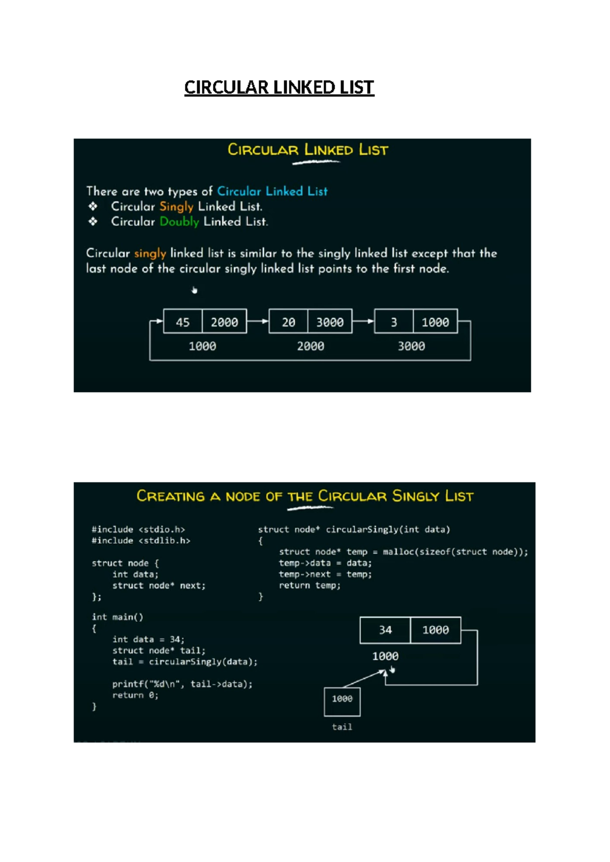 CS3353 Unit-3 Circular Linked list - CIRCULAR LINKED LIST Circular singly linked list -Insertion ...