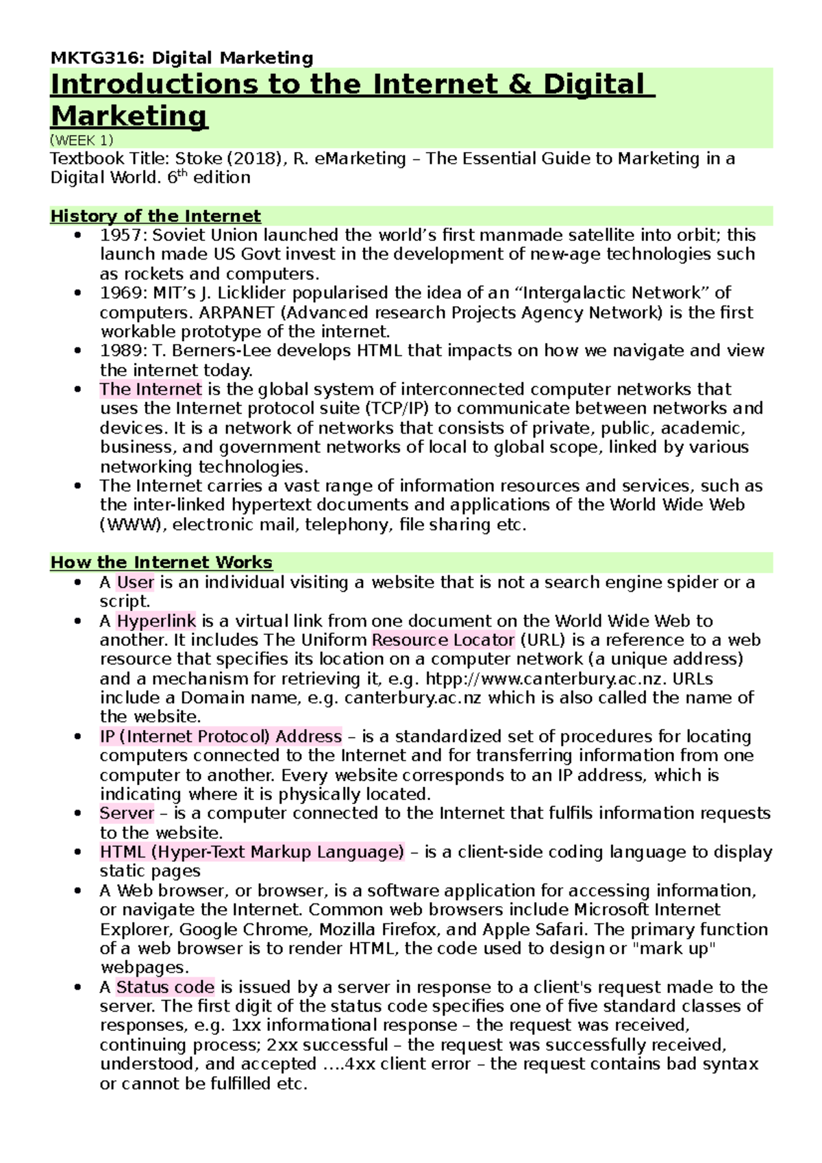MKTG316- Digital Marketing Notes - Introductions to the Internet ...