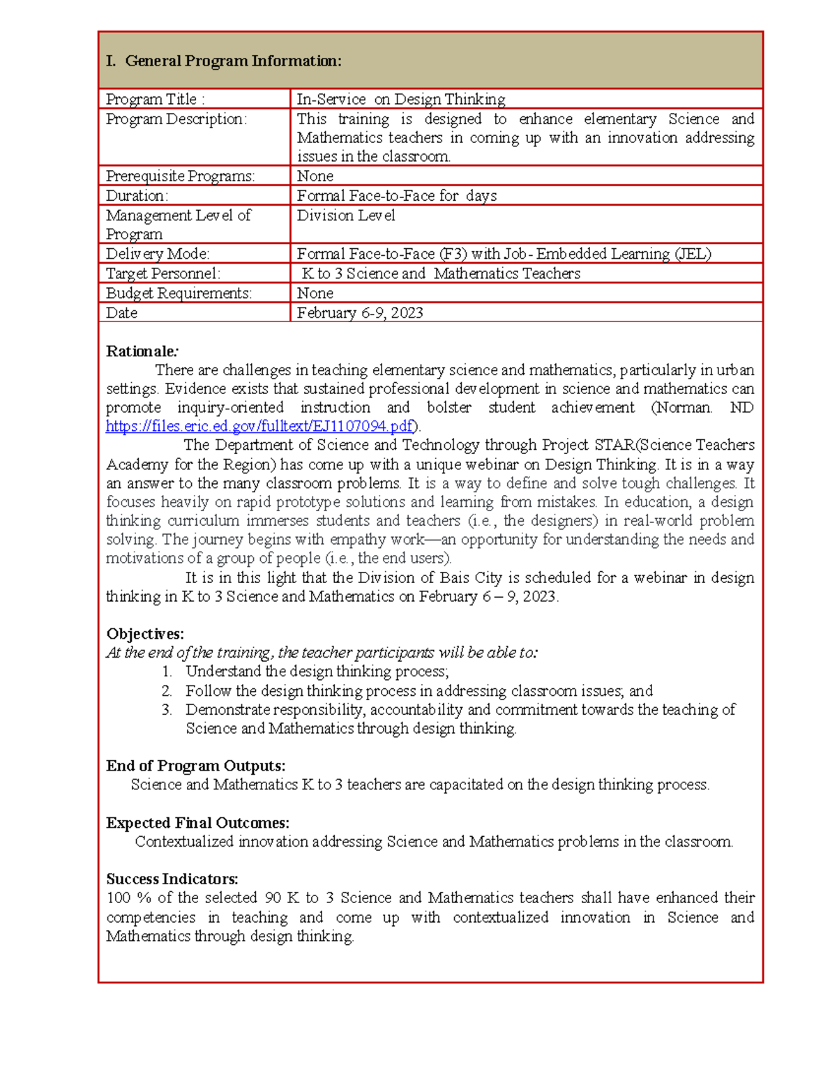 Program Design for Design Thinking Inset FEB 2023 - I. General Program ...