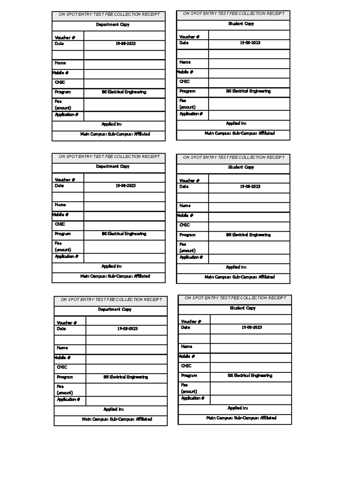 Fee collection counter foils - ON SPOT ENTRY TEST FEE COLLECTION ...