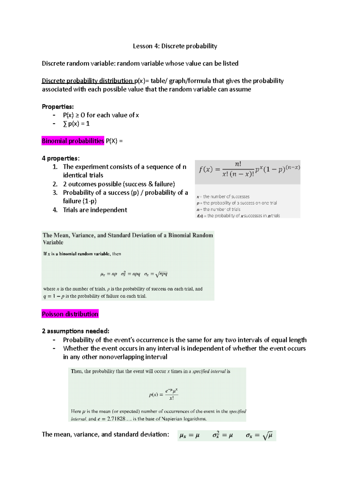 Lesson 4 - Lesson 4: Discrete probability Discrete random variable: random variable whose value ...