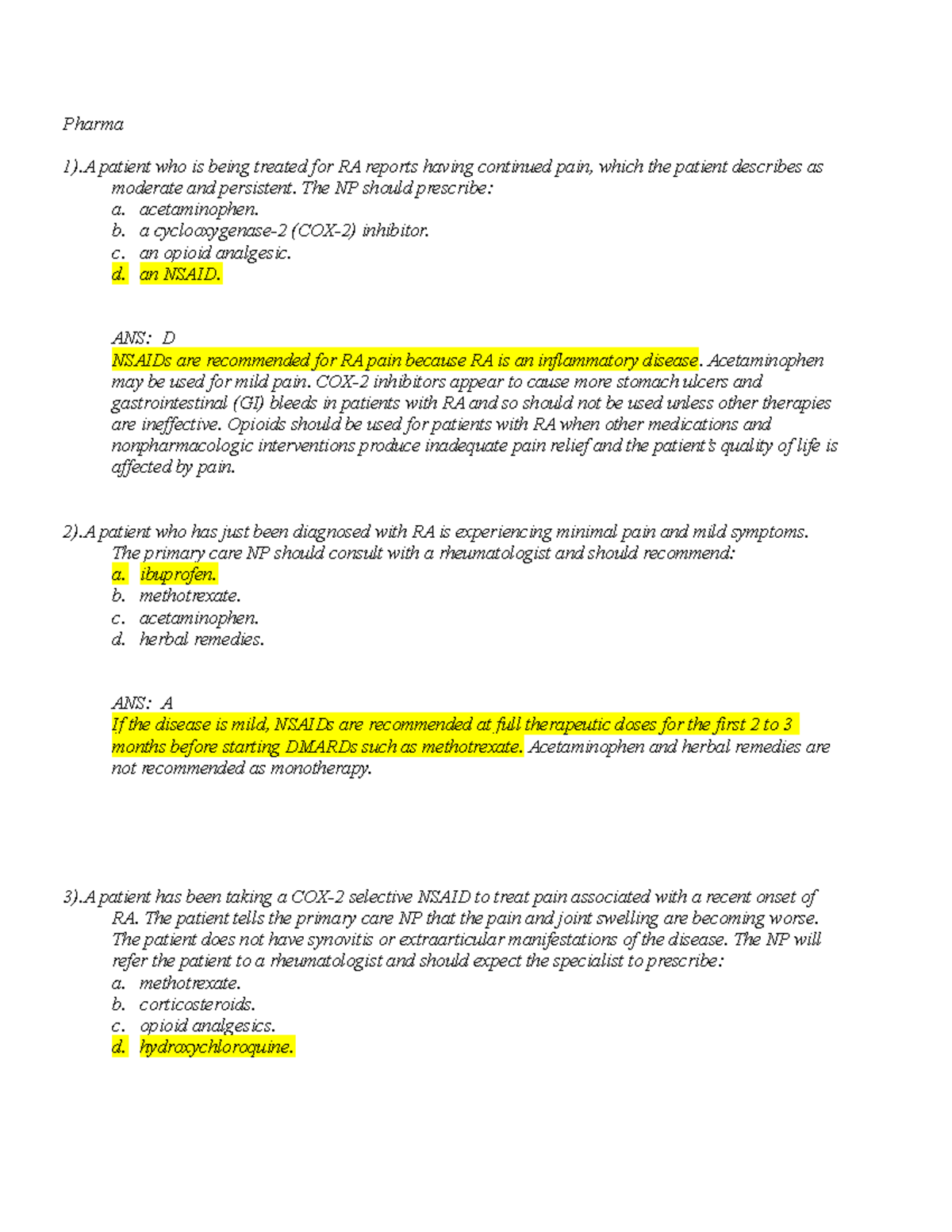 Pharma Final - Midterm Review - Pharma 1).A patient who is being ...