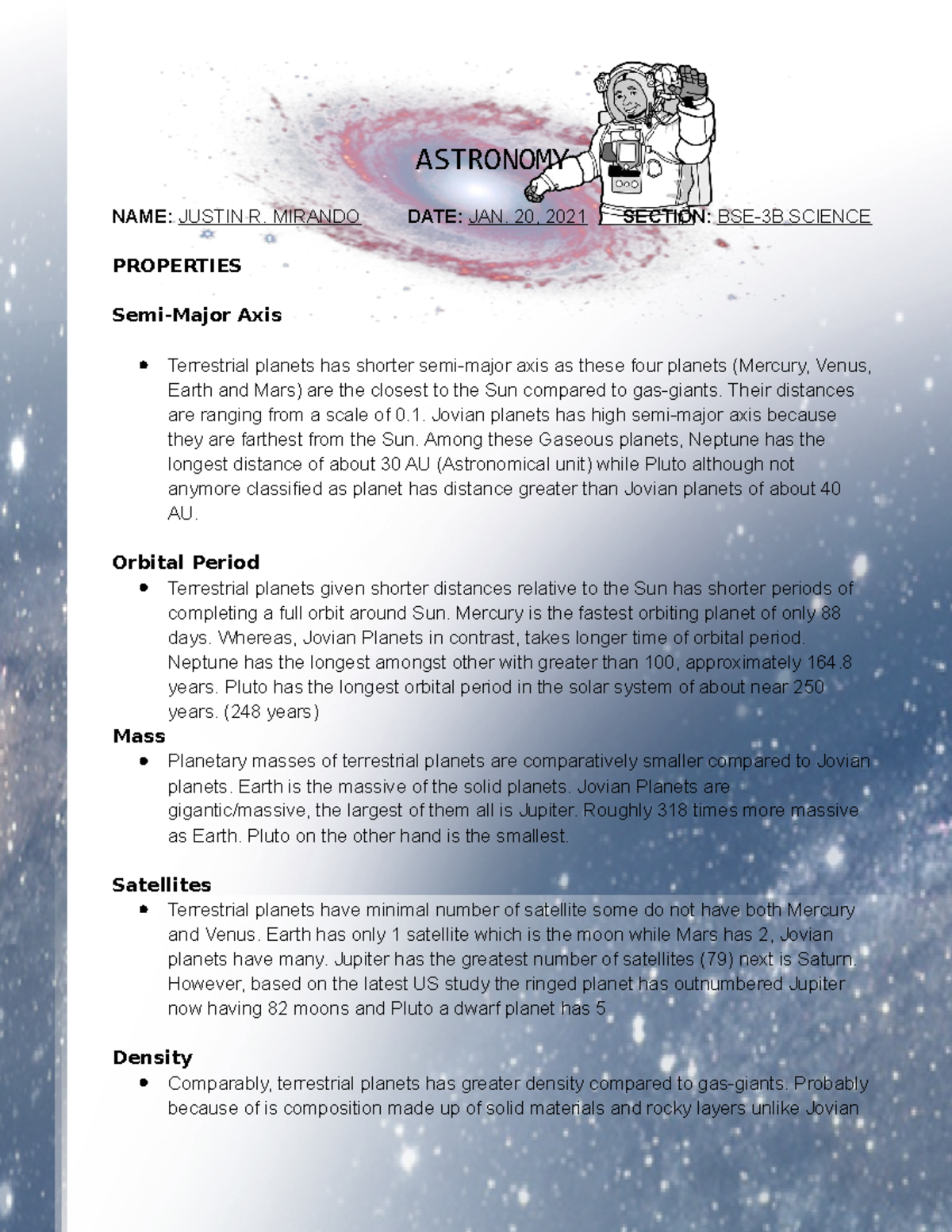 Astronomy - .... - ASTRONOMY NAME: JUSTIN R. MIRANDO DATE: JAN. 20 ...