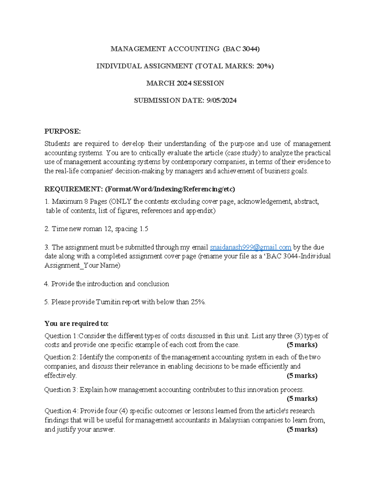 BAC 3044-Individual Assignment - MANAGEMENT ACCOUNTING (BAC 3044) INDIVIDUAL ASSIGNMENT (TOTAL ...