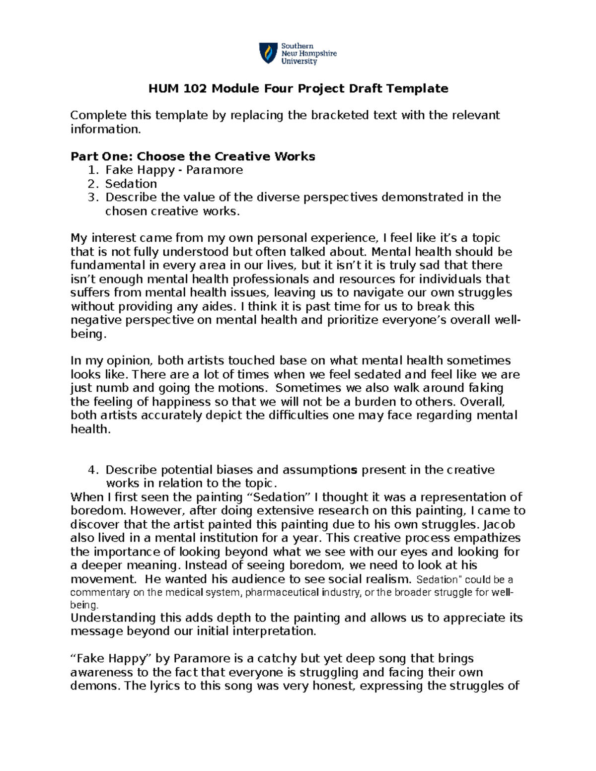 HUM 102 Module Four Project pt 2 - Part One: Choose the Creative Works ...