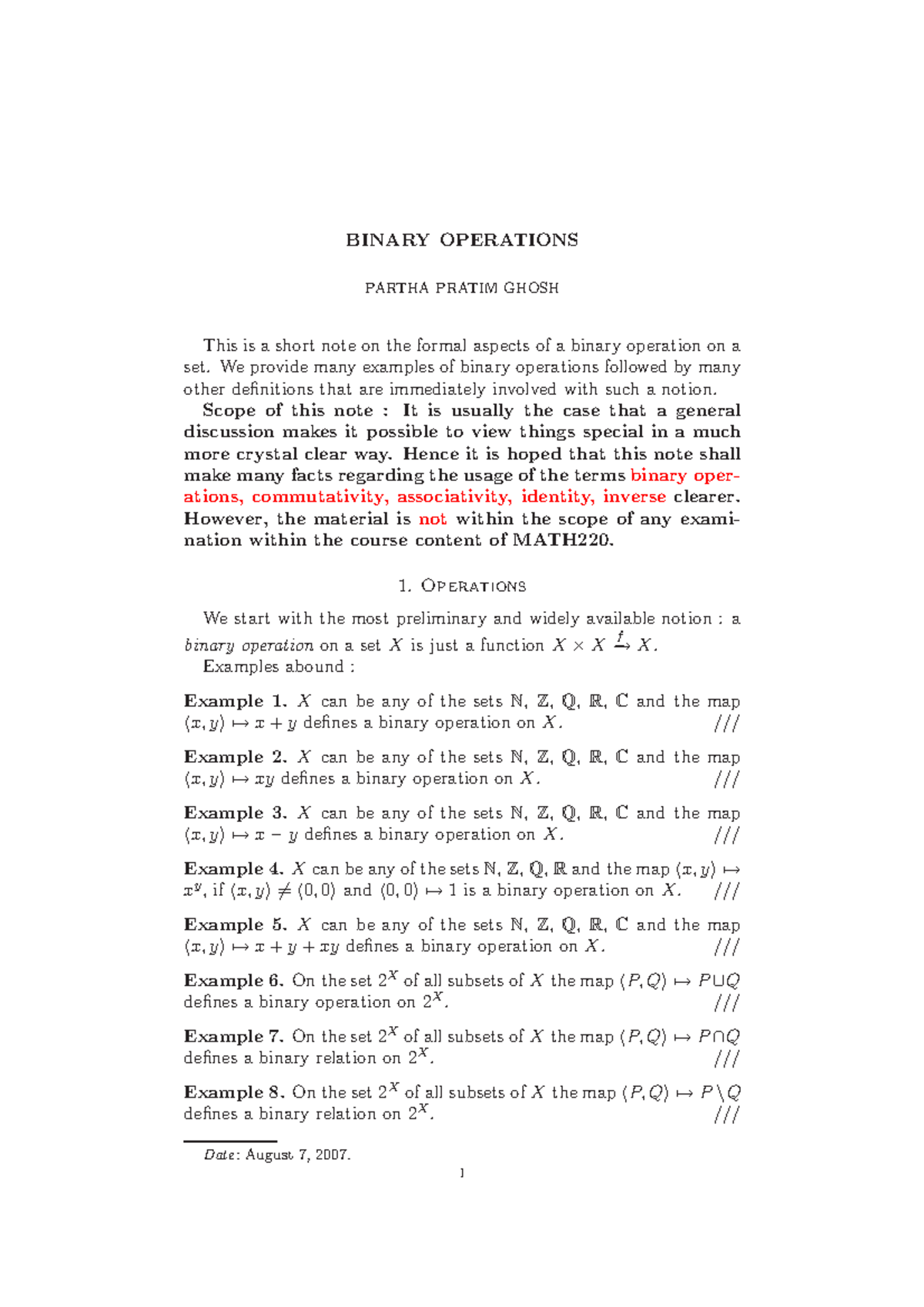 Binary Operations - BINARY OPERATIONS PARTHA PRATIM GHOSH This is a short note on the formal ...