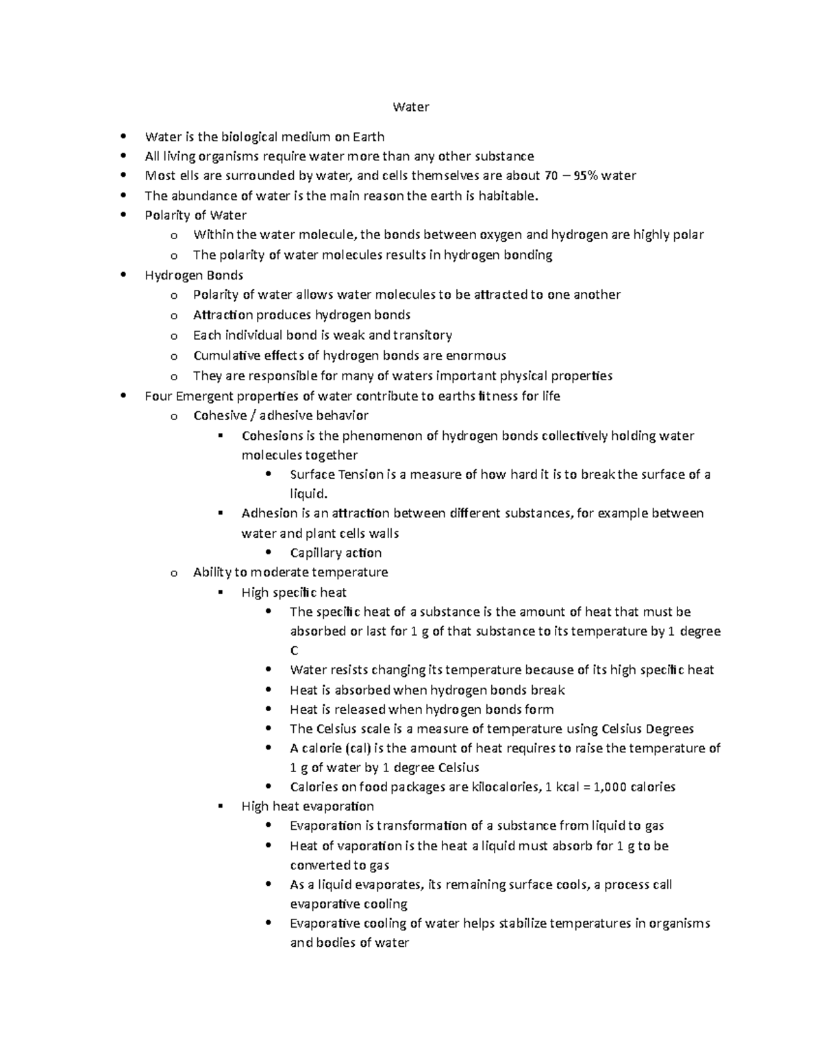 Bio Chp.3 Notes - Water Water is the biological medium on Earth All ...