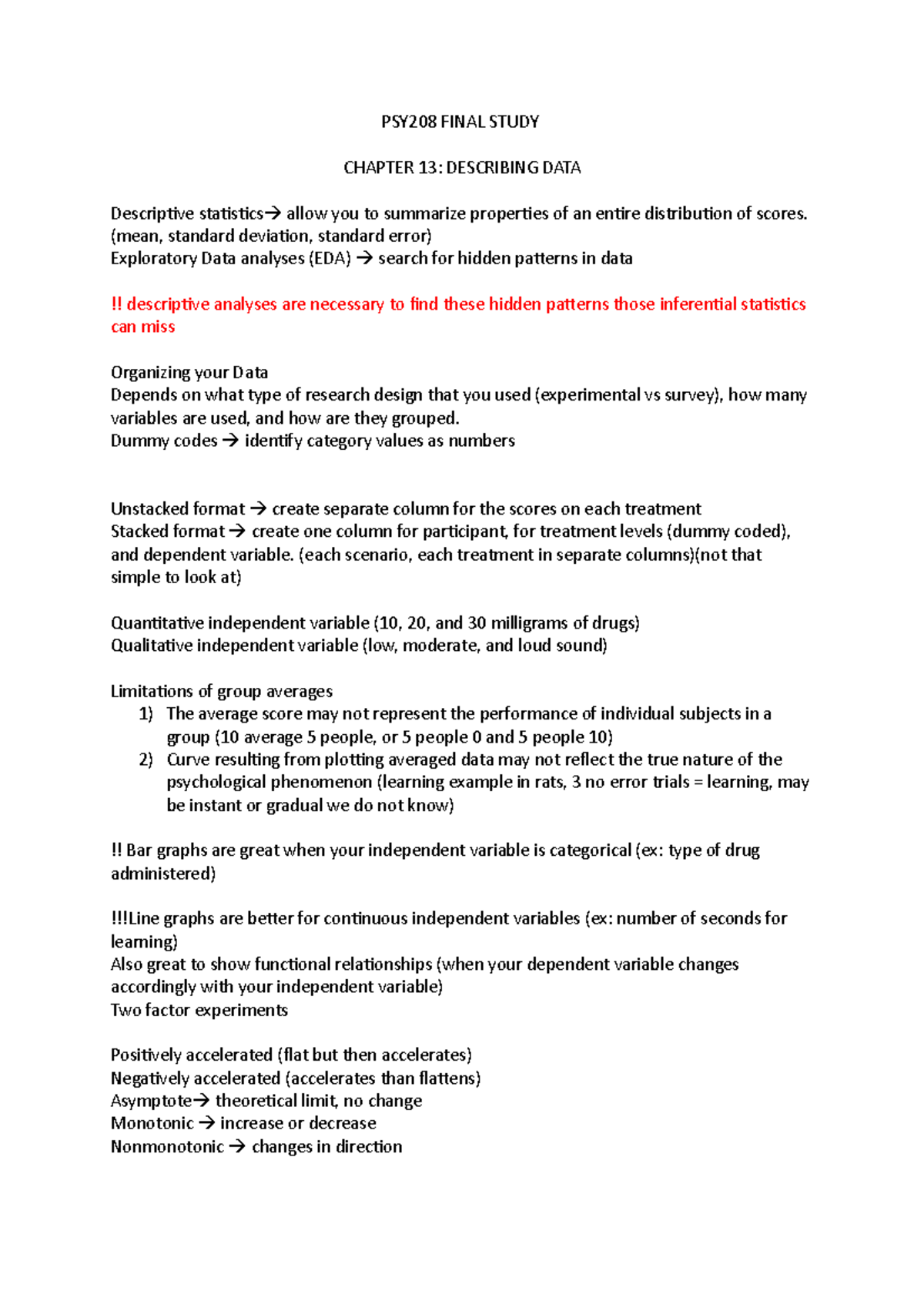 PSYC208 Final Study - PSY208 FINAL STUDY CHAPTER 13: DESCRIBING DATA ...