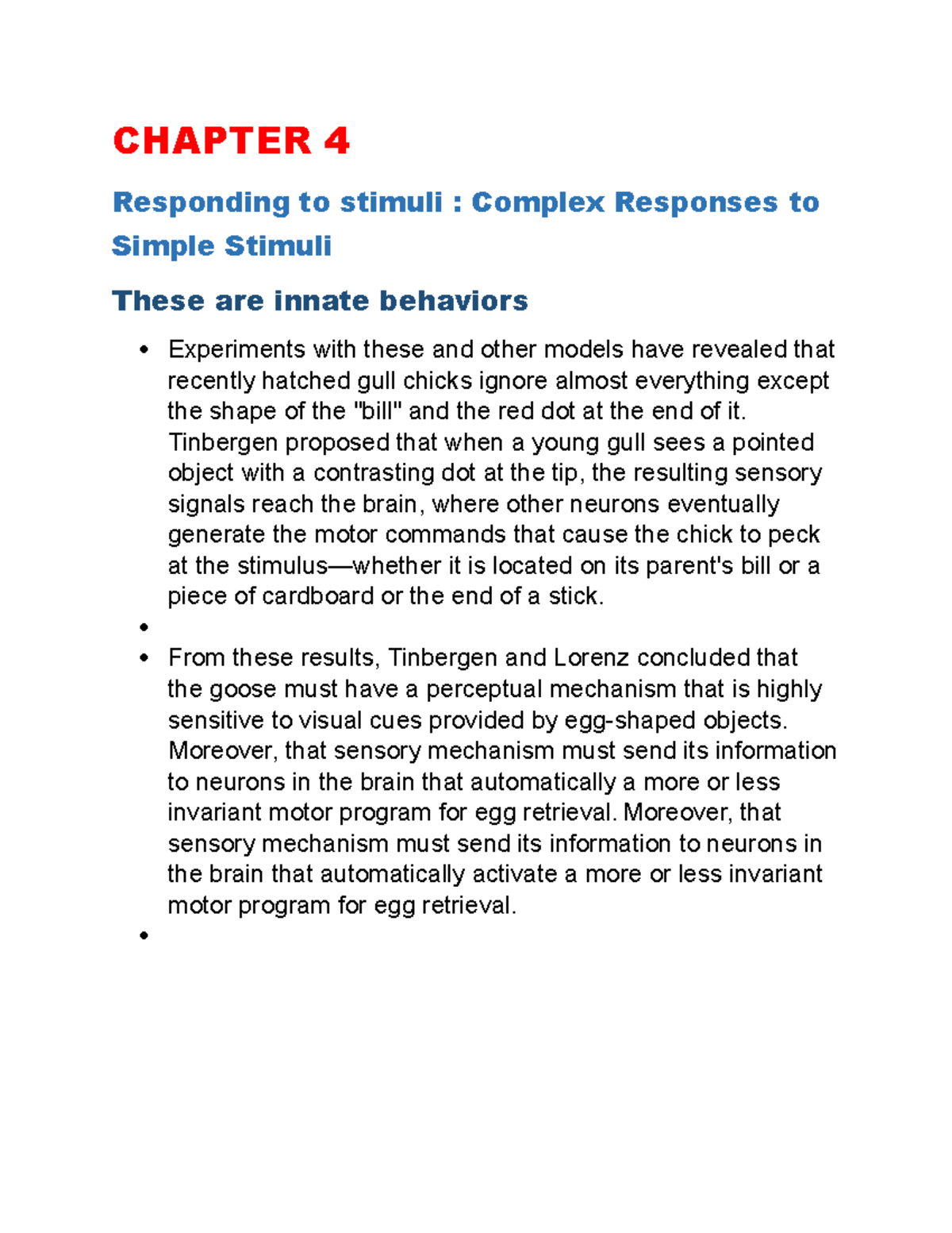 Animal behavior note 1 - chapter 4 - CHAPTER 4 Responding to stimuli ...