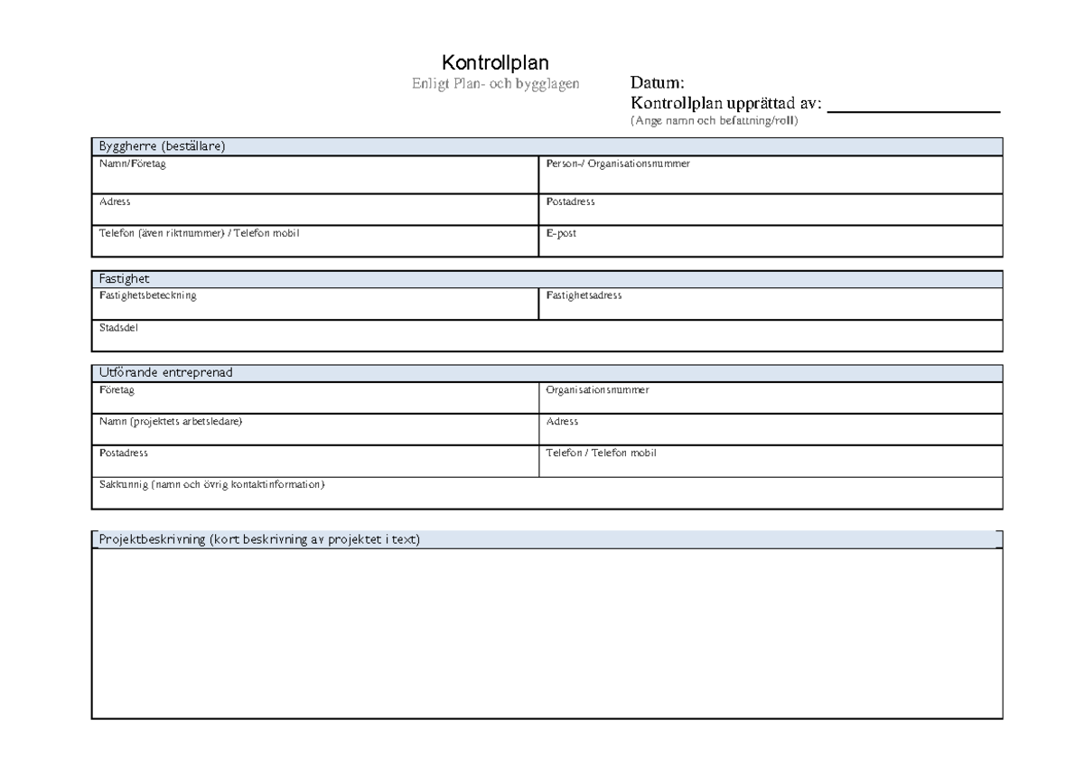 Kontrollplan tom mall interaktiv - Projektbeskrivning (kort beskrivning ...