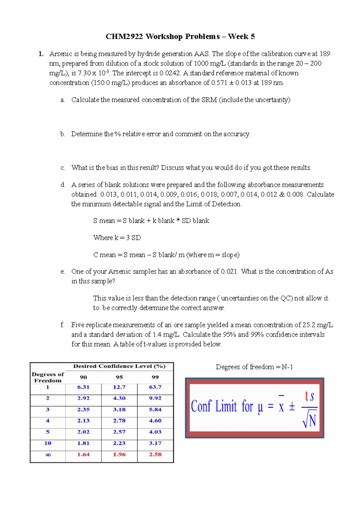CHM2922 Tutorial Problems Week 5 - CHM2922 Workshop Problems – Week 5 1. Arsenic is being ...