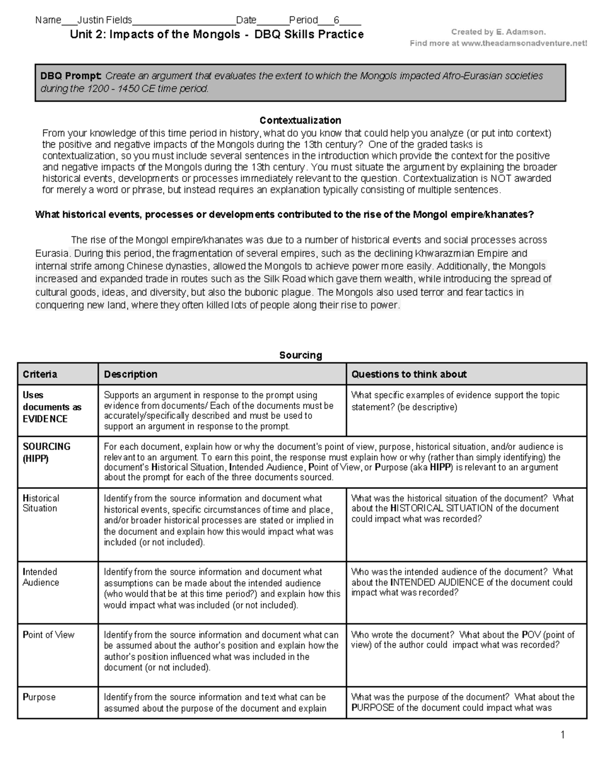 2Copy of Unit 2 DBQ Practice - Impacts of the Mongols WKST - Name ...