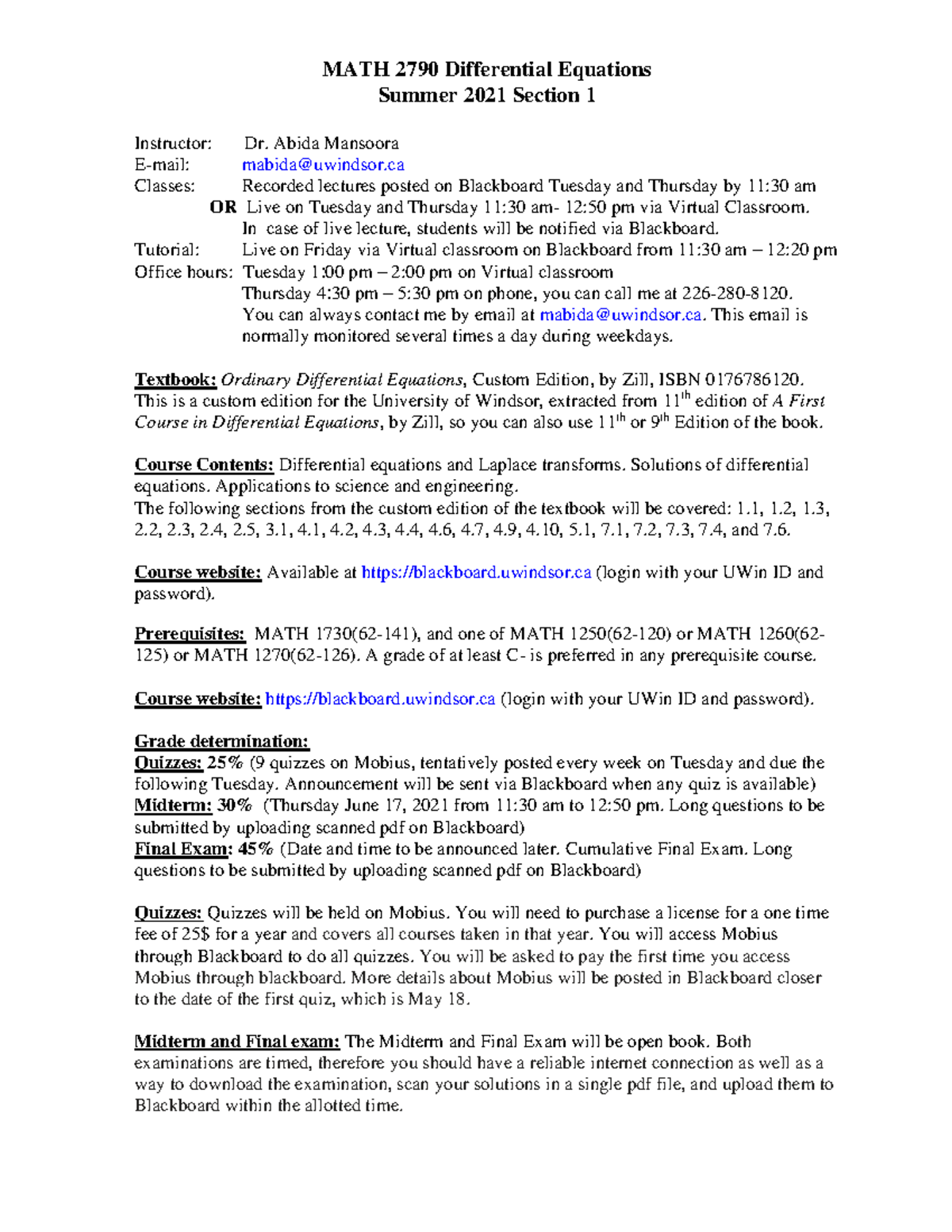 Course Outline MATH2790-S21 - MATH 2790 Differential Equations Summer ...