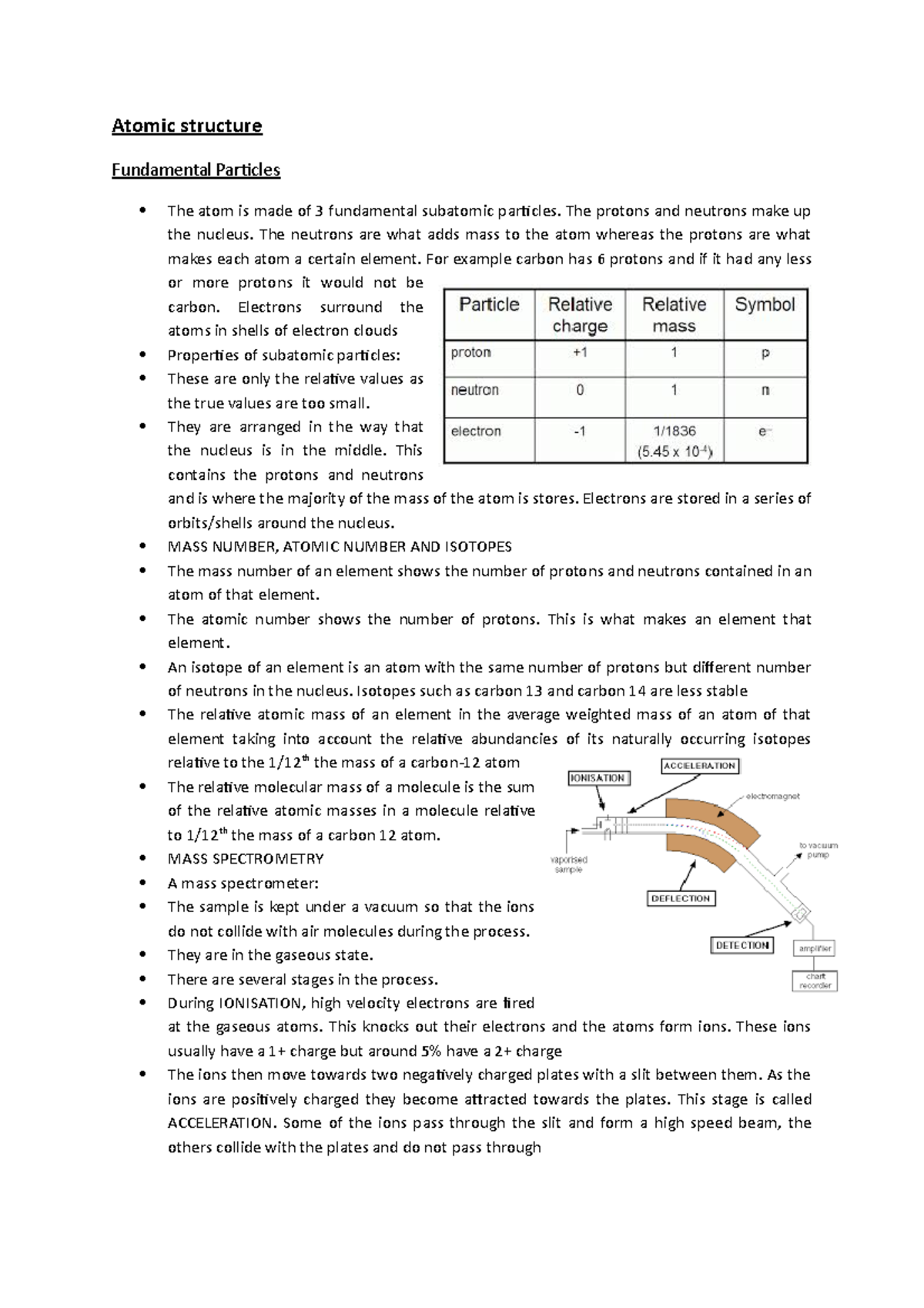 Brain structure notes - Atomic structure Fundamental Particles The atom ...
