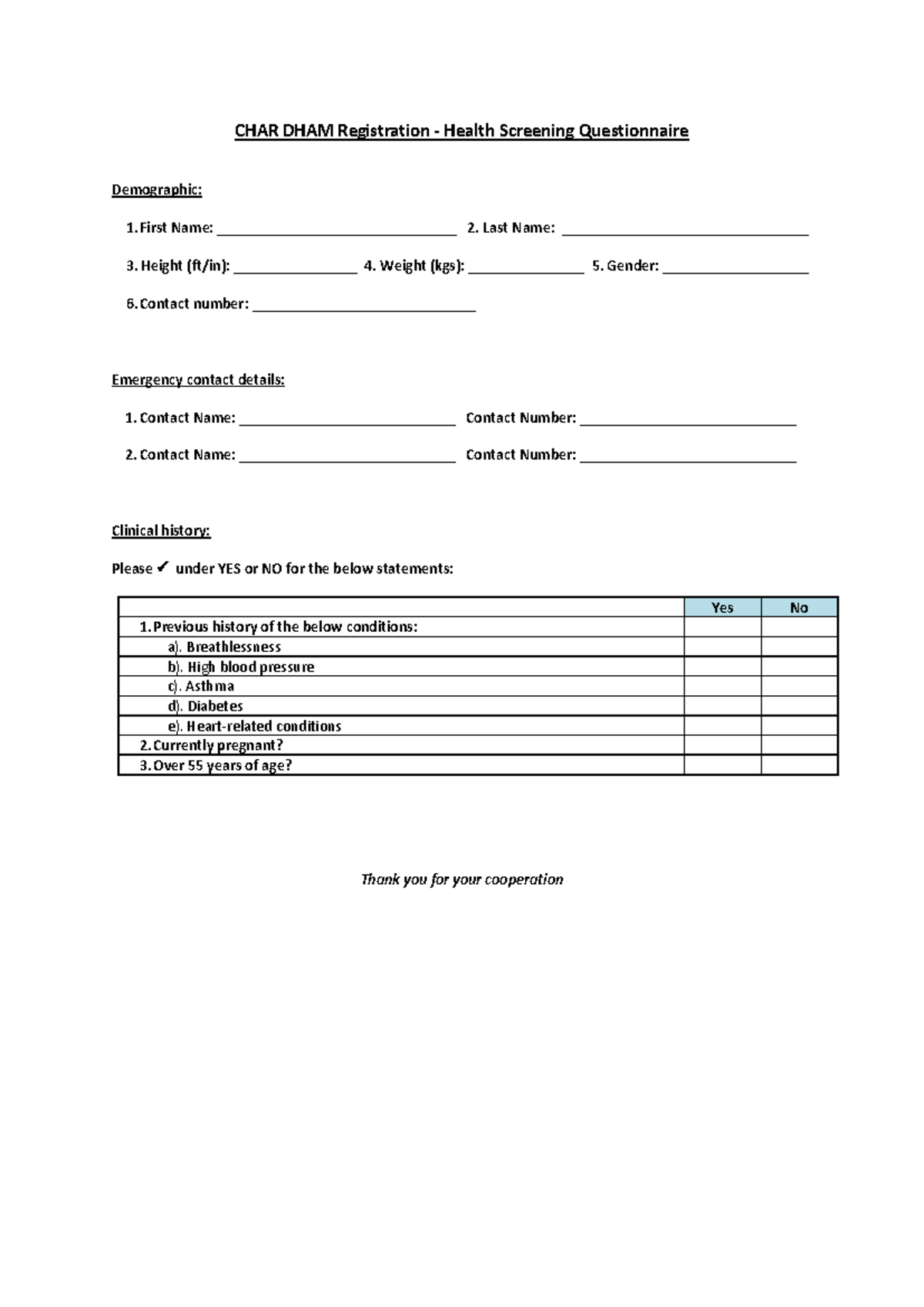 Medical Screening form - CHAR DHAM Registration - Health Screening ...