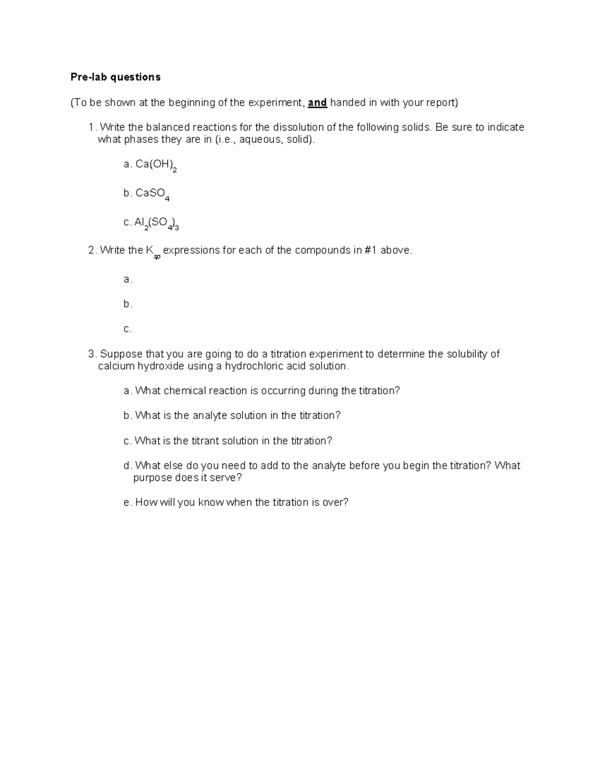 Solubility Product Prelab Questions - Pre-lab questions (To be shown at ...