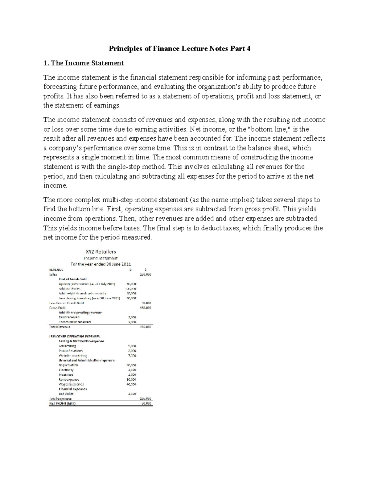 Principles of Finance Lecture Notes Part 4 - The Income Statement The ...