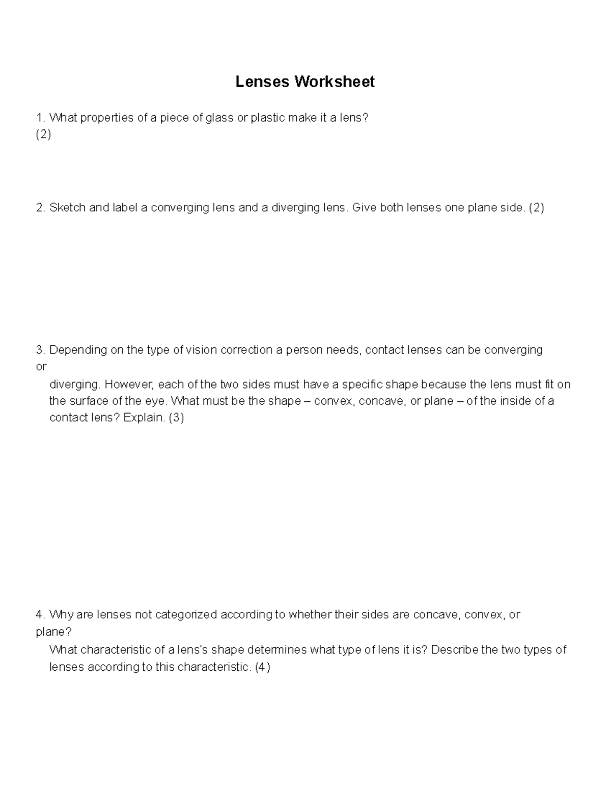 22 - Lenses - Worksheet - Lenses Worksheet What properties of a piece ...