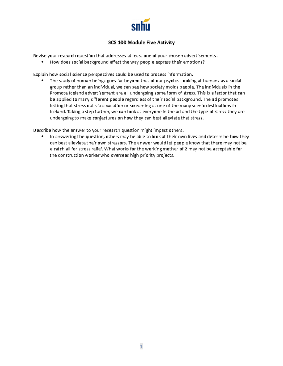 SCS 100 Module Five Activity - SCS 100 Module Five Activity Revise your ...