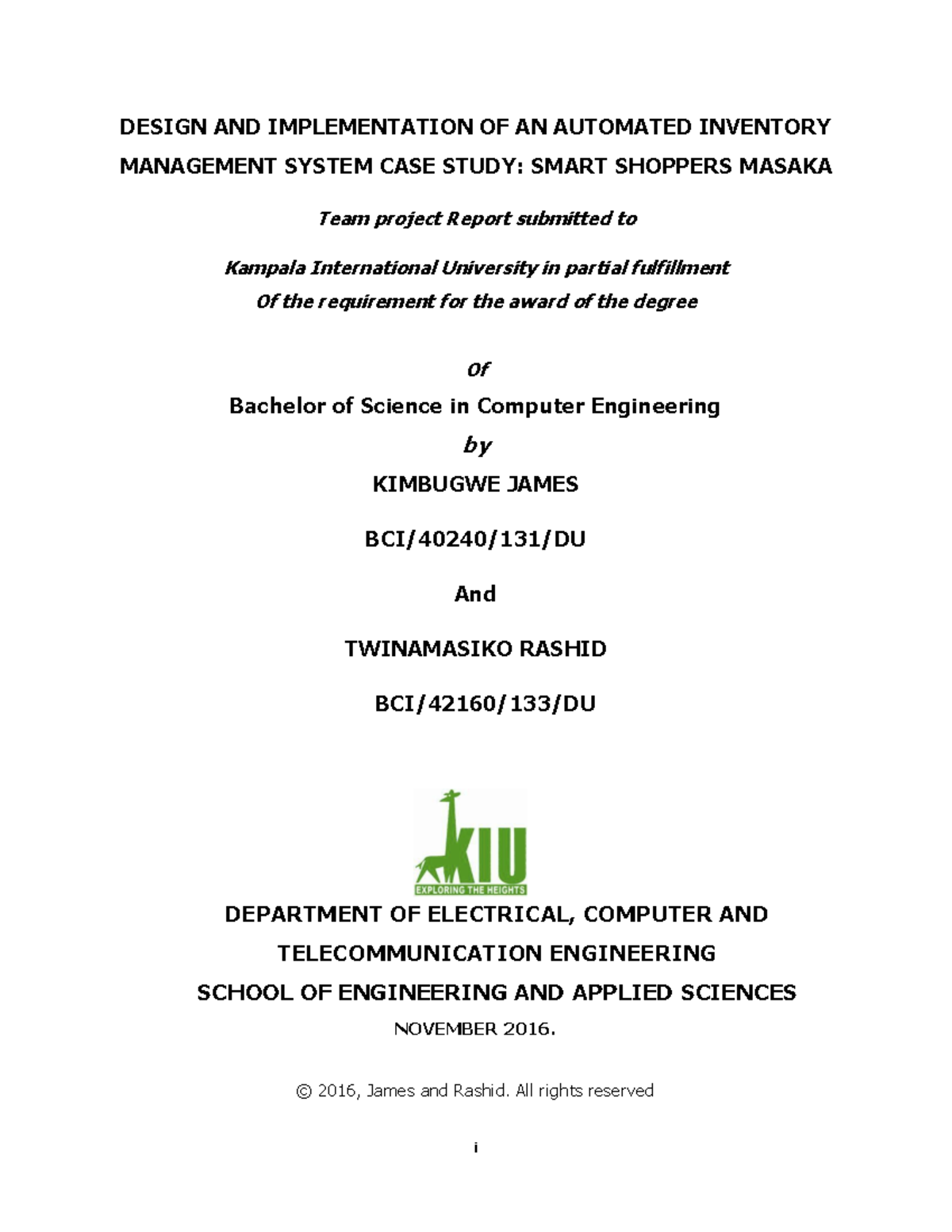 Design AND Implementation OF AN Automated Inventory Management System - i DESIGN AND ...