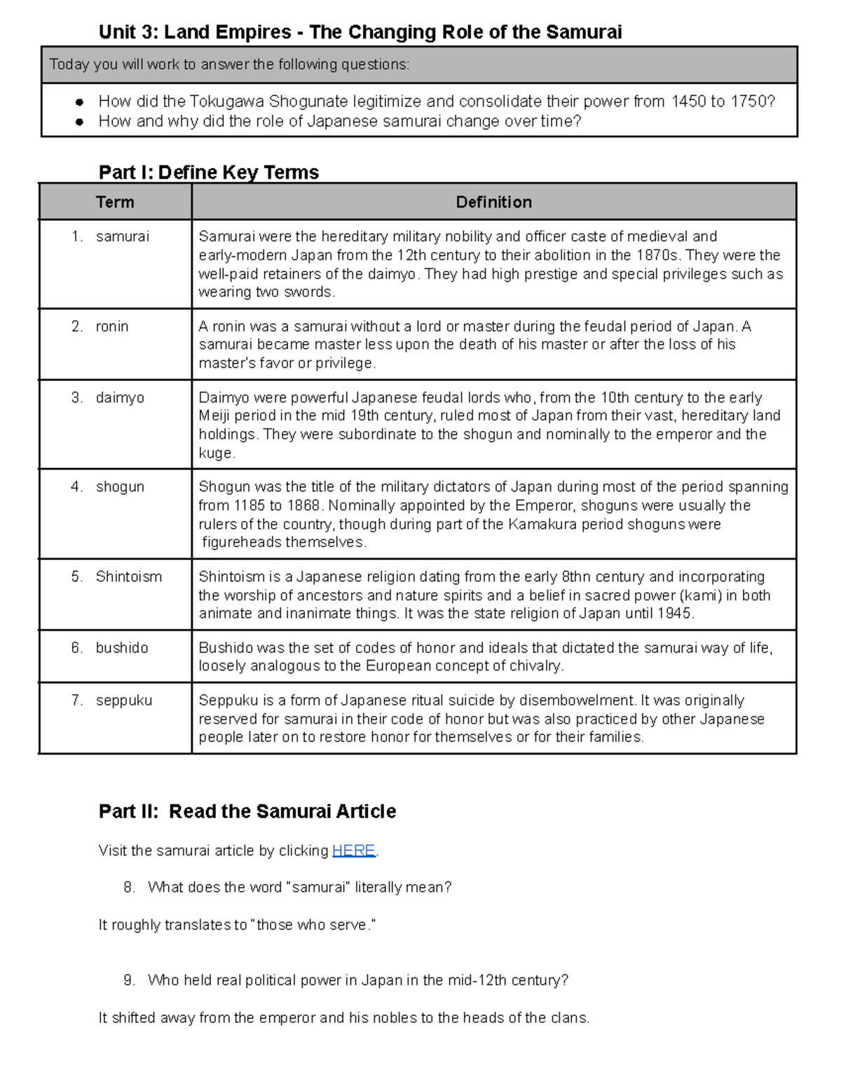 (III) Unit 3: Samurai Inquiry Lesson (APWH Student Handout) - Unit 3 ...