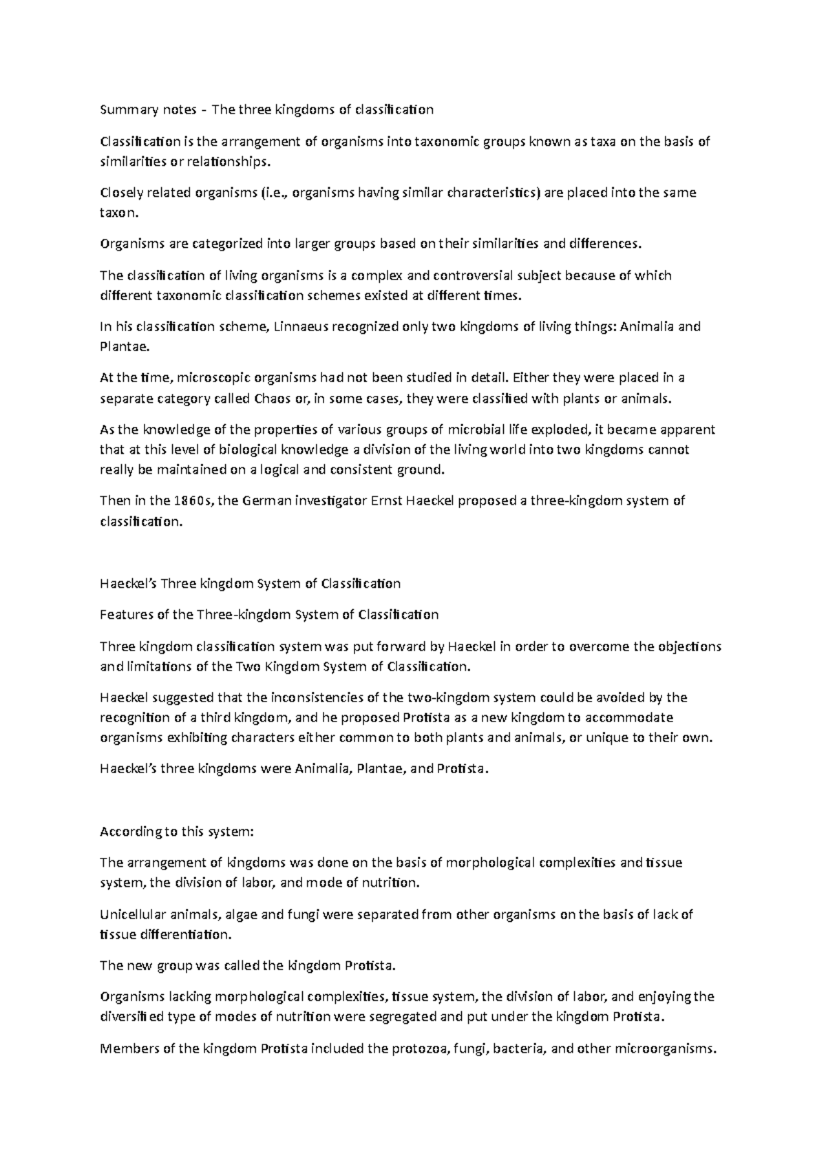 Summary notes - The three kingdoms of classification - Summary notes ...