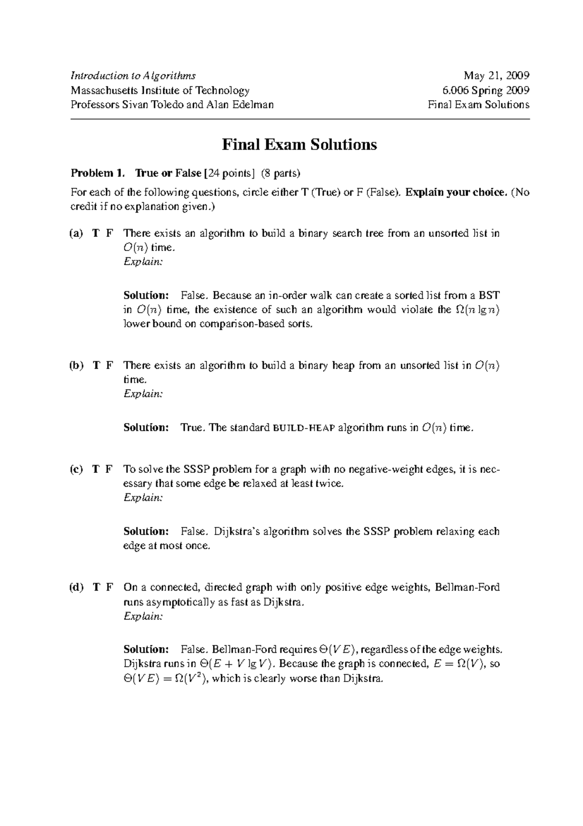 Final-s2009-sol - Introduction to Algorithms May 21, 2009 Massachusetts Institute of Technology ...