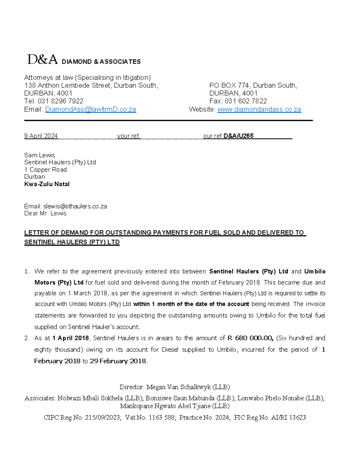 Letter of Demand from Umbilo to Sentinel Haulers - D&A DIAMOND ...