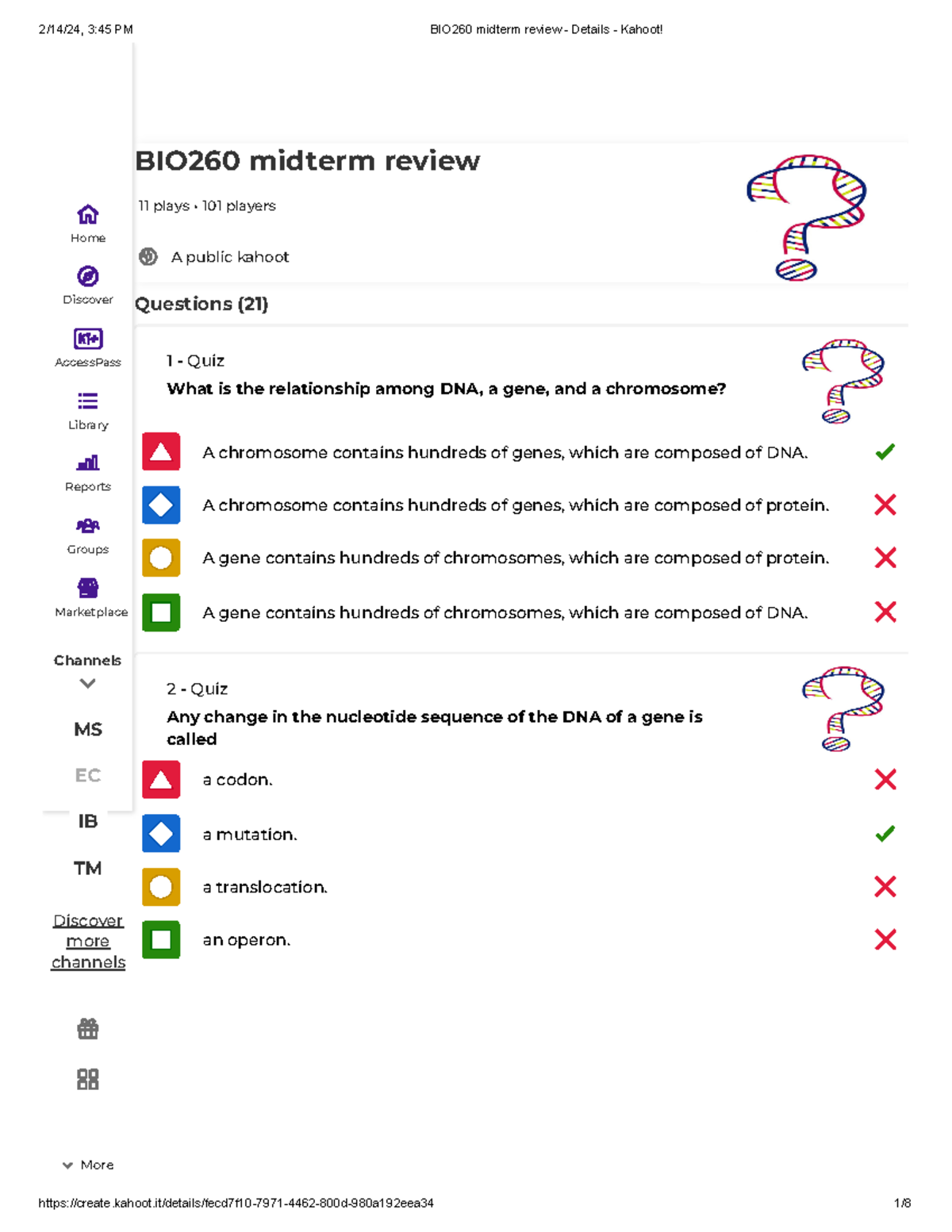 Midterm review questions - BIO260 midterm review ####### 11 plays • 101 ...