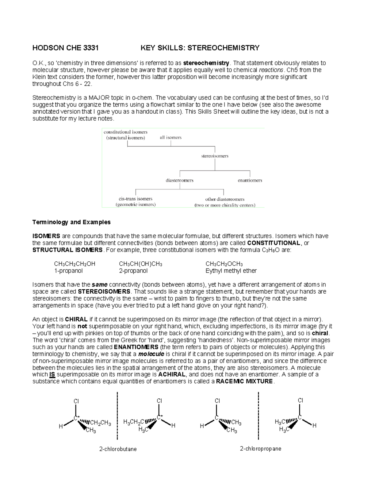 Hodson CHE 3331 KEY Skills Stereochemistry (Review for 3332) - HODSON ...