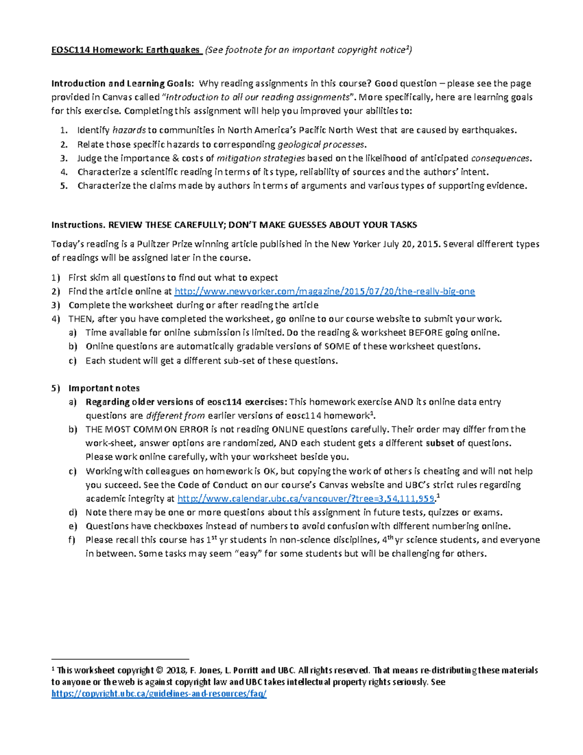 earth section worksheet - EOSC114 Homework: Earthquakes (See footnote ...